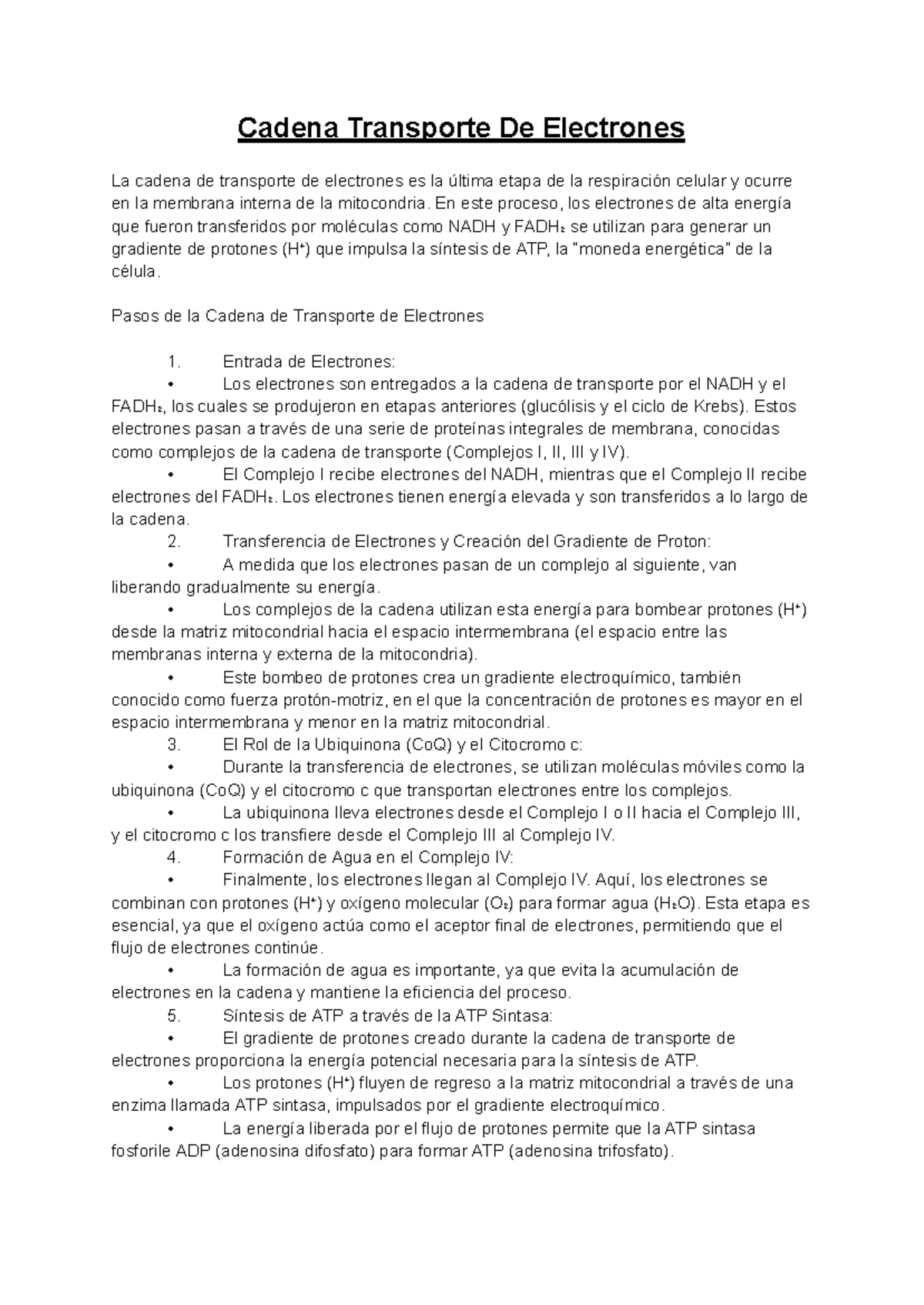 Cadena de Transporte de Electrones y Síntesis de ATP en Respiración ...