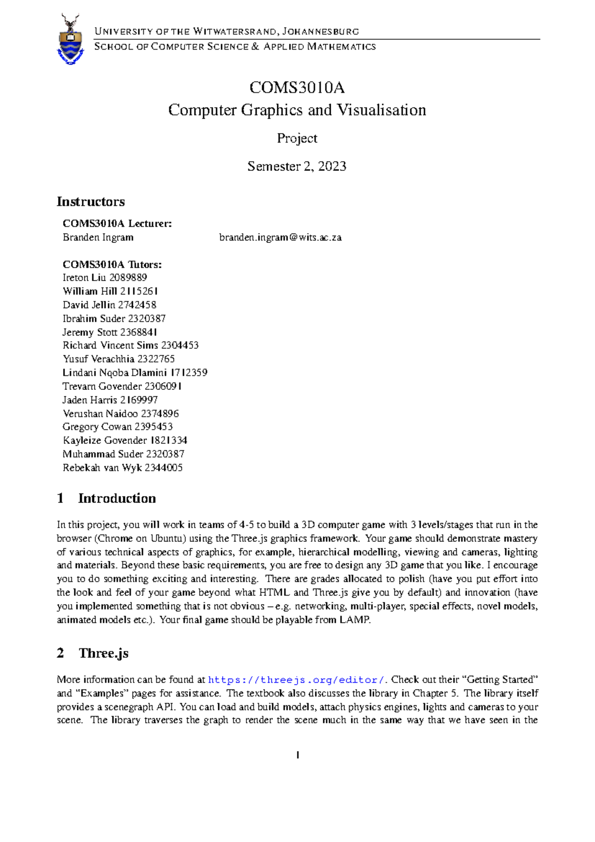 COMS3010A Computer Graphics & Visualization Project Overview 2023 - Studocu