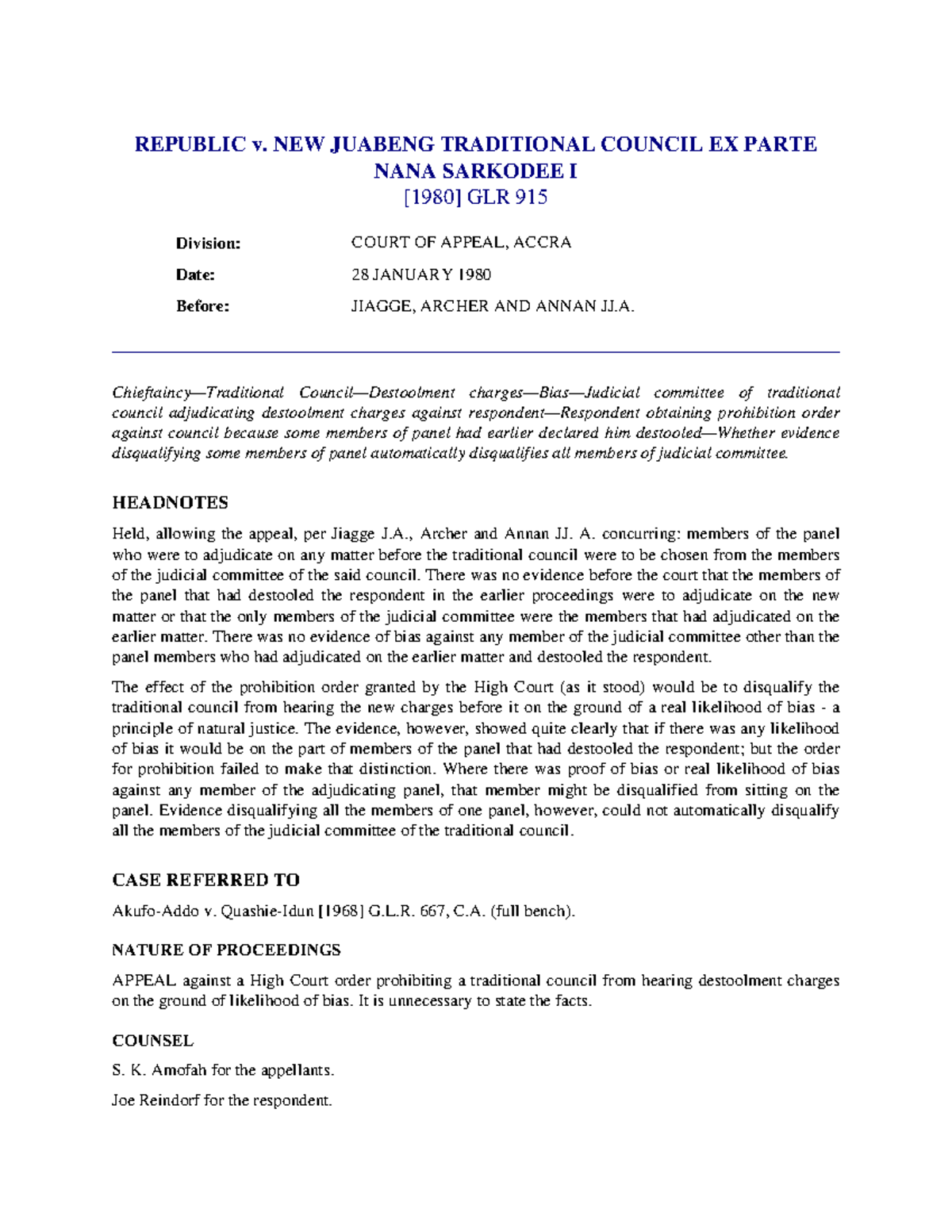 Republic v. New Juabeng Traditional Council: Appeal on Destoolment ...