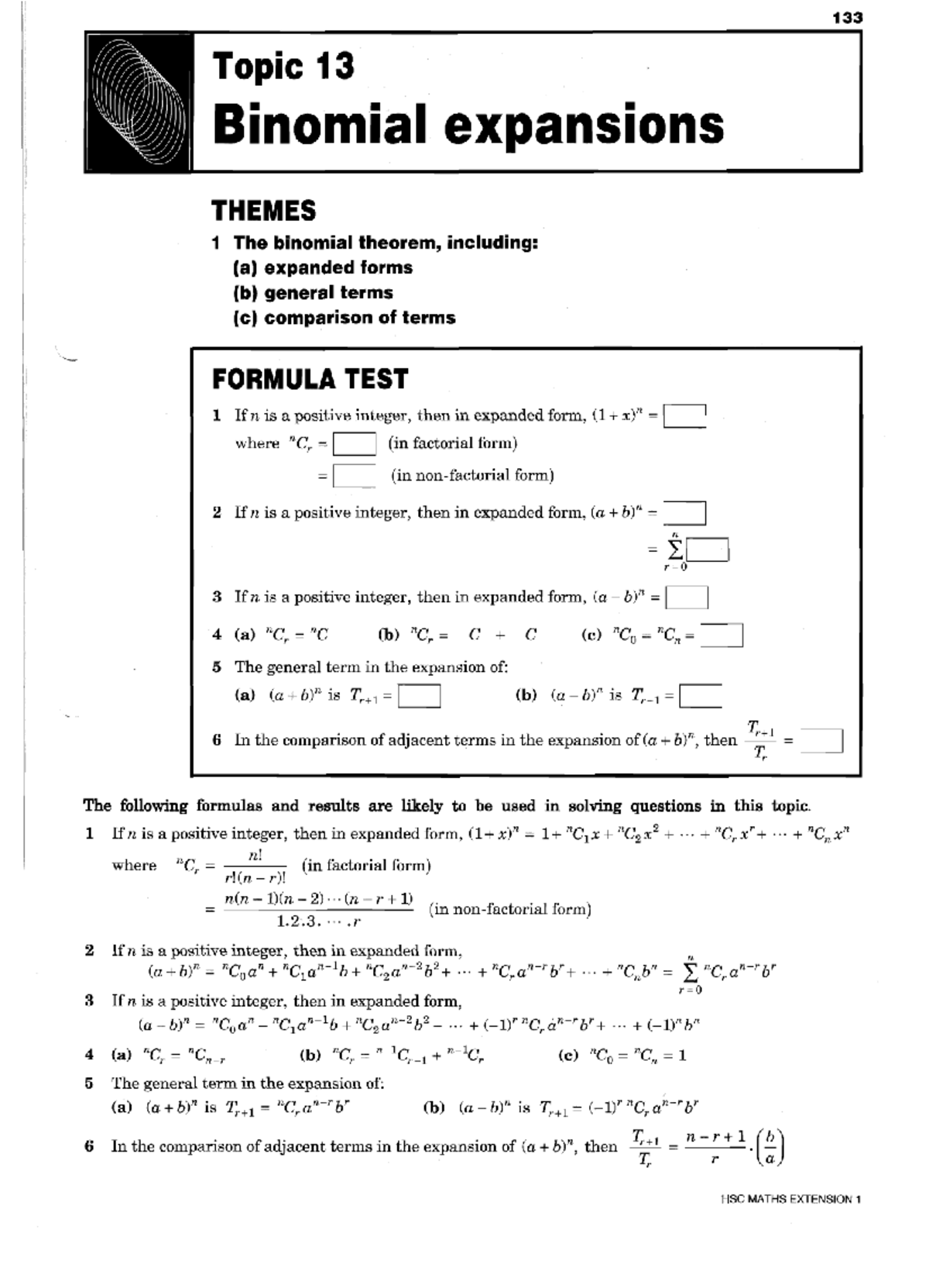 HSC MATHS EXTENSION 1 Topic 13: Binomial Expansions Overview - Studocu