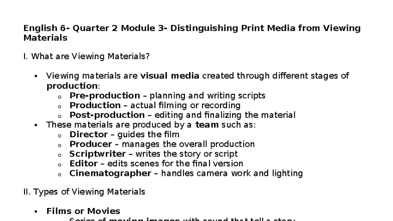English 6 Q2 Module: Distinguishing Print Media & Viewing Materials ...
