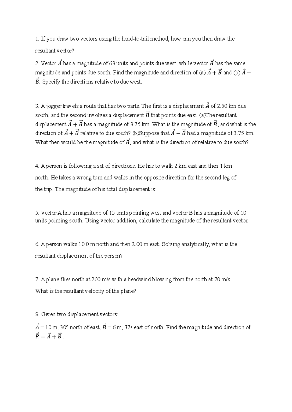 Unit 2 Vector Problems: Resultant Vectors and Displacements - Studocu