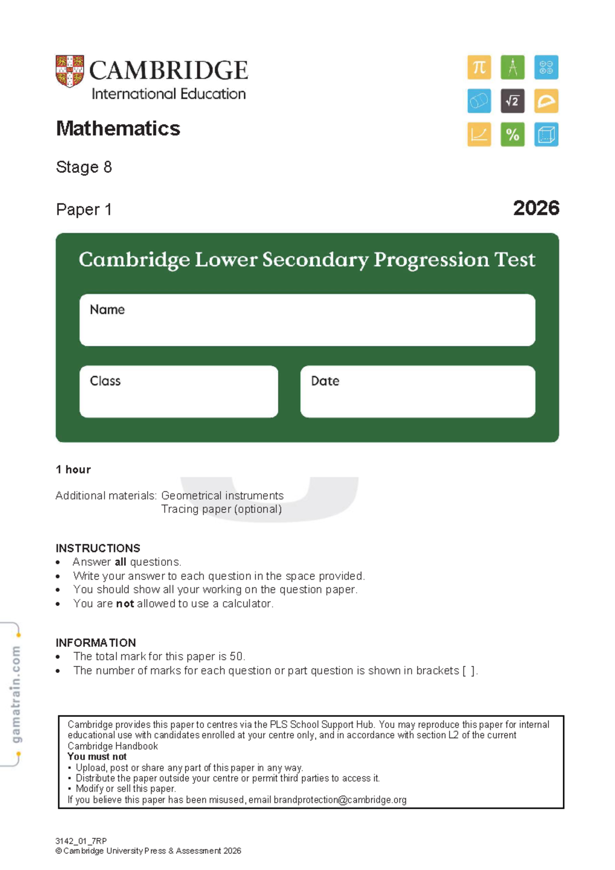 Mathematics Stage 8 Paper 1 2026 Exam Questions & Instructions - Studocu