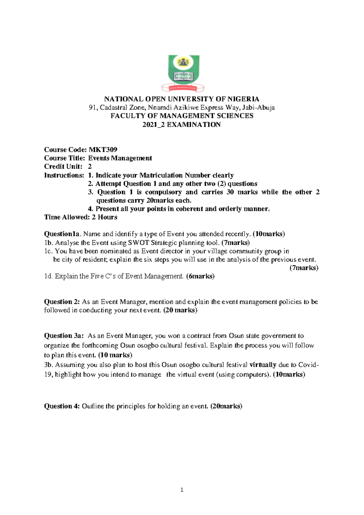 MKT309 2021_2 - Events Management Past Exam Questions and Analysis ...