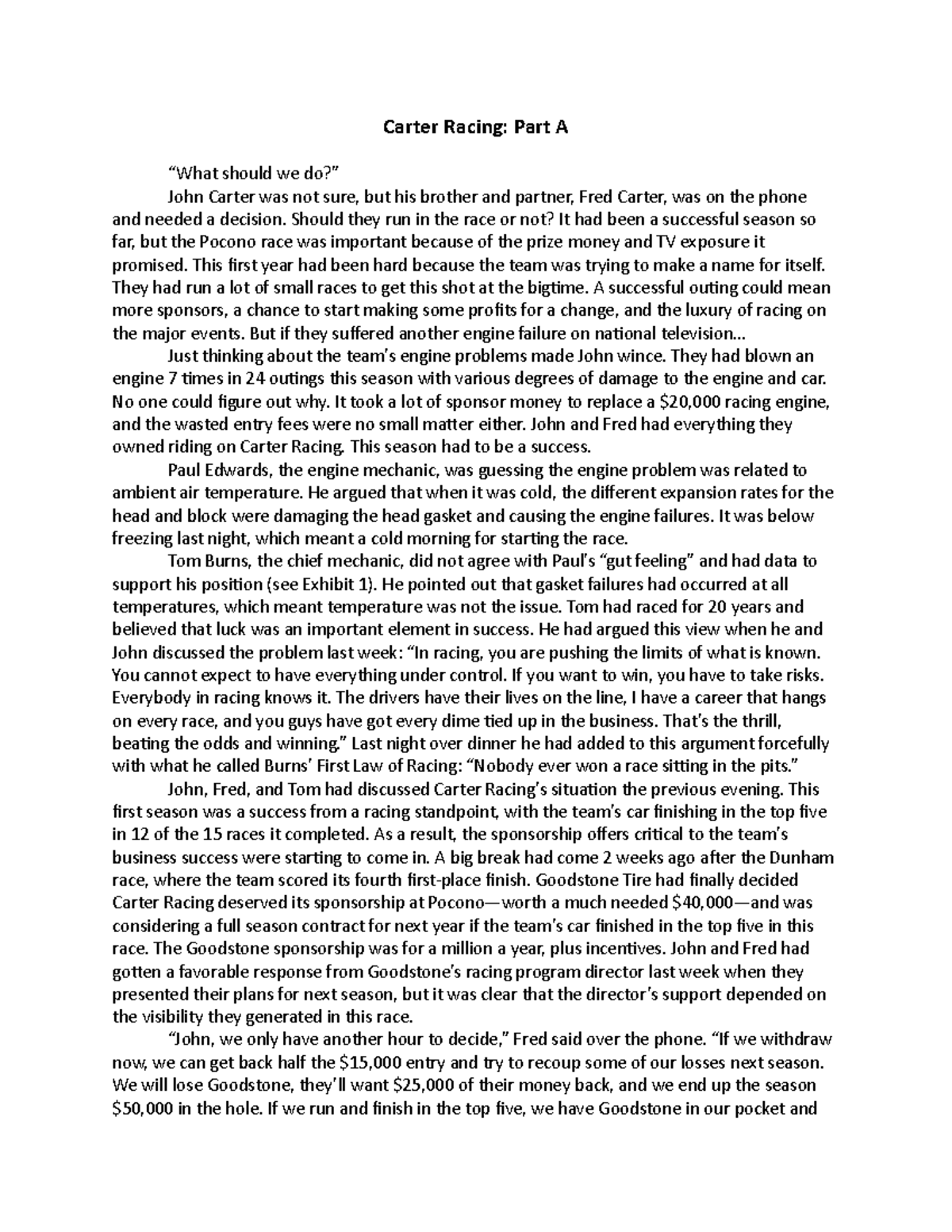 Carter Racing Part A - Decision Making Analysis and Recommendations ...