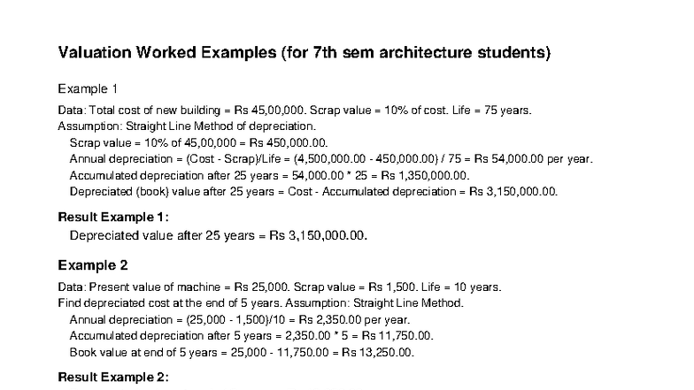 Valuation Solutions: Worked Examples for 7th Sem Architecture Students ...
