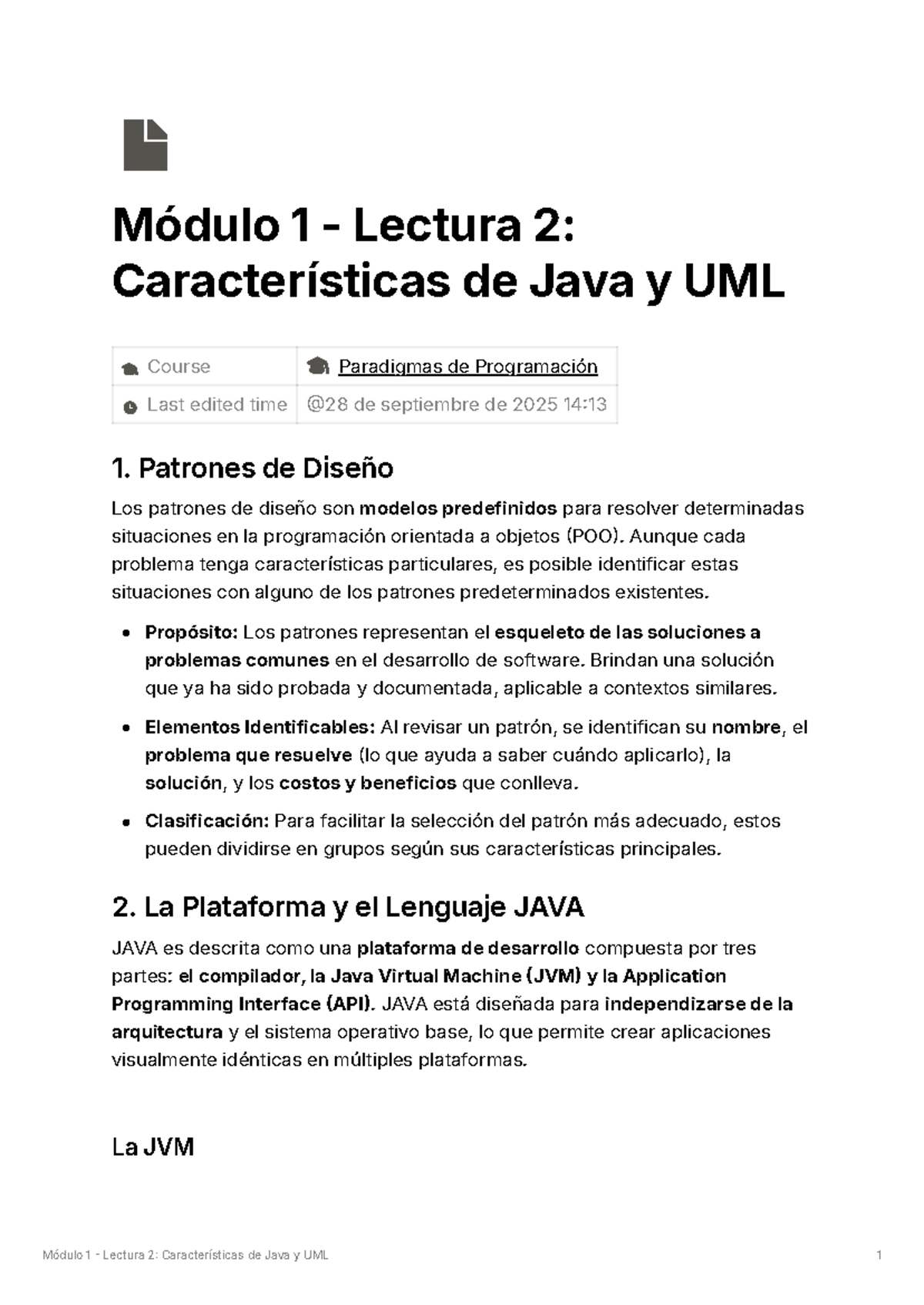 Módulo 1 - Lectura 2: Características de Java y UML en POO - Studocu