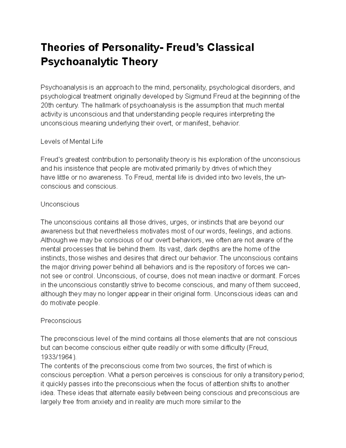 Theories of Personality: Freud's Classical Psychoanalytic Theory - Studocu