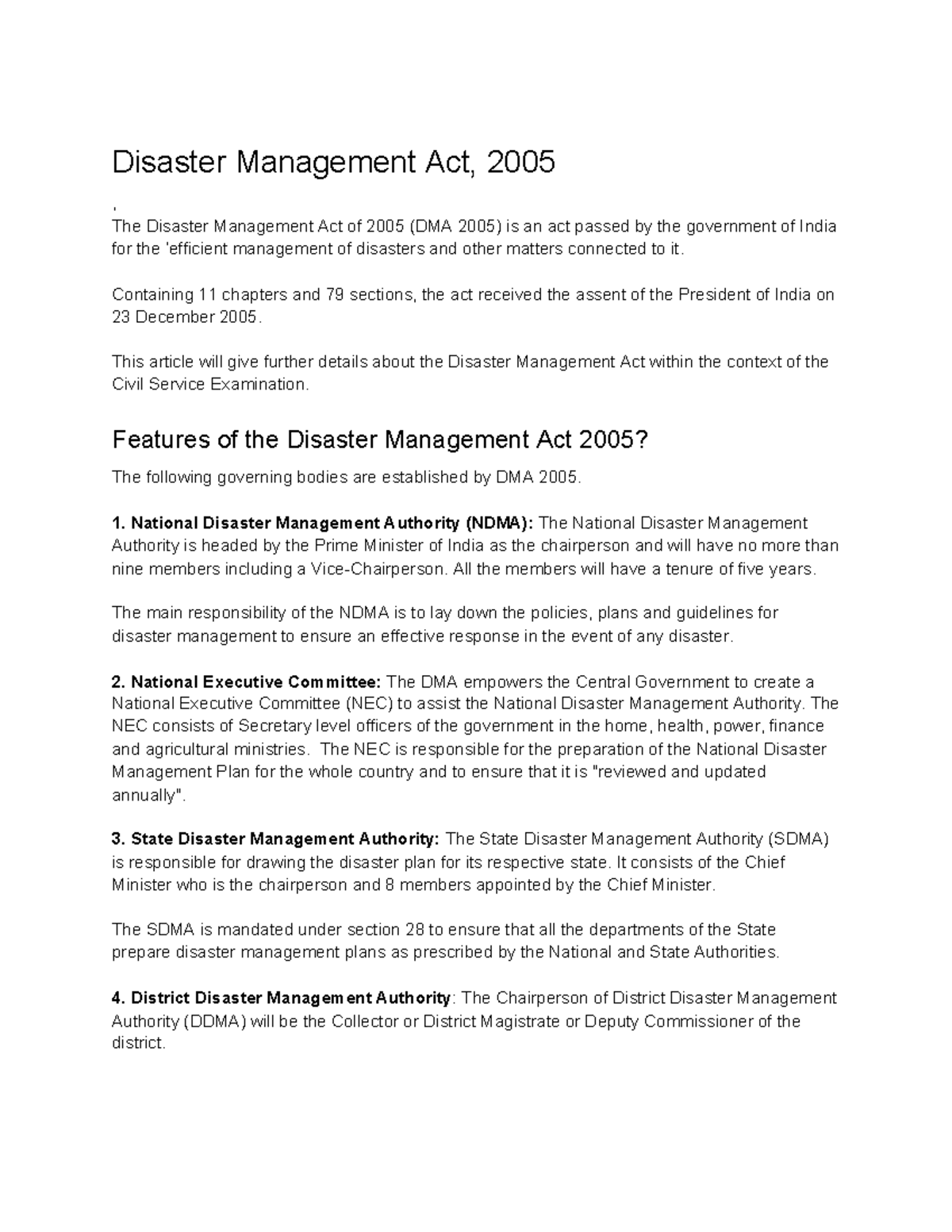 Disaster Management Act 2005: Key Features & Governance Overview - Studocu
