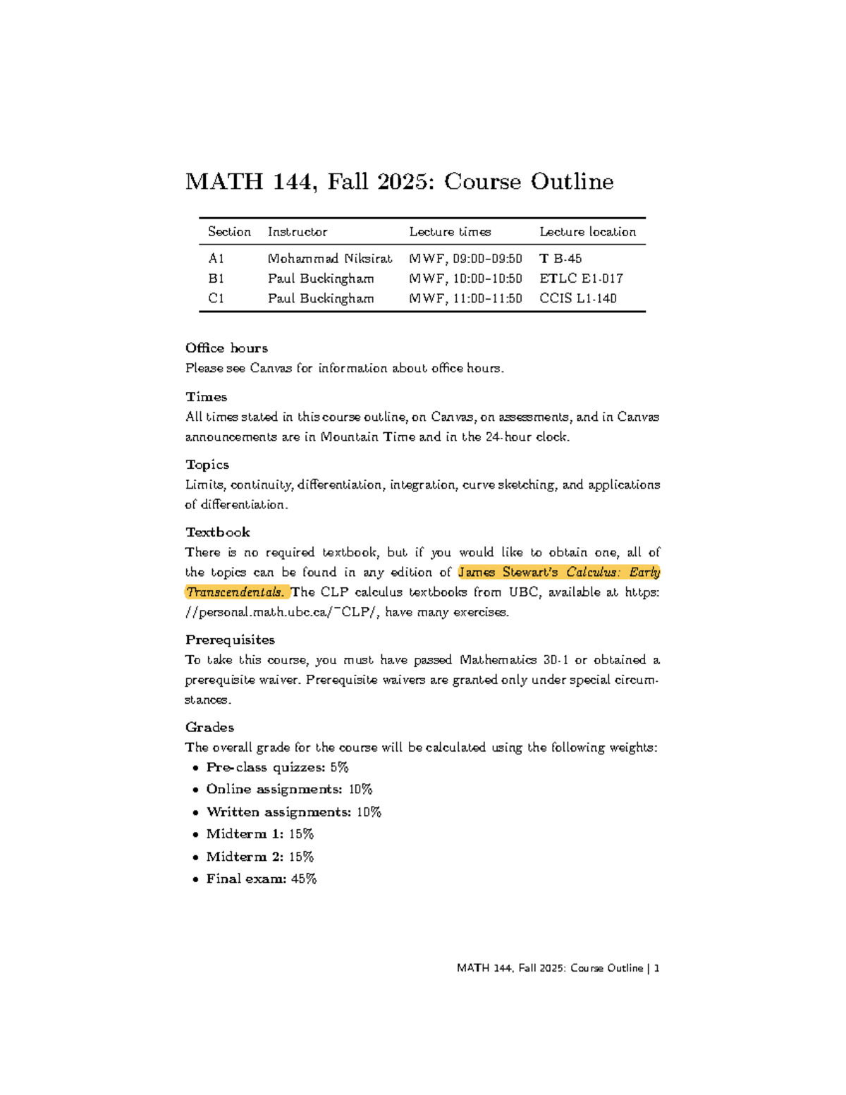 MATH 144, Fall 2025: Detailed Course Outline and Requirements - Studocu