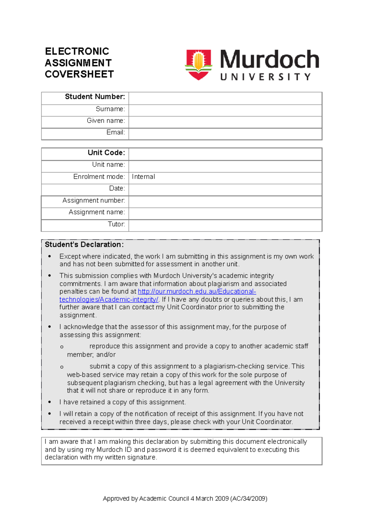 Electronic-Assignment-Coversheet - BSC100 - Murdoch - Studocu