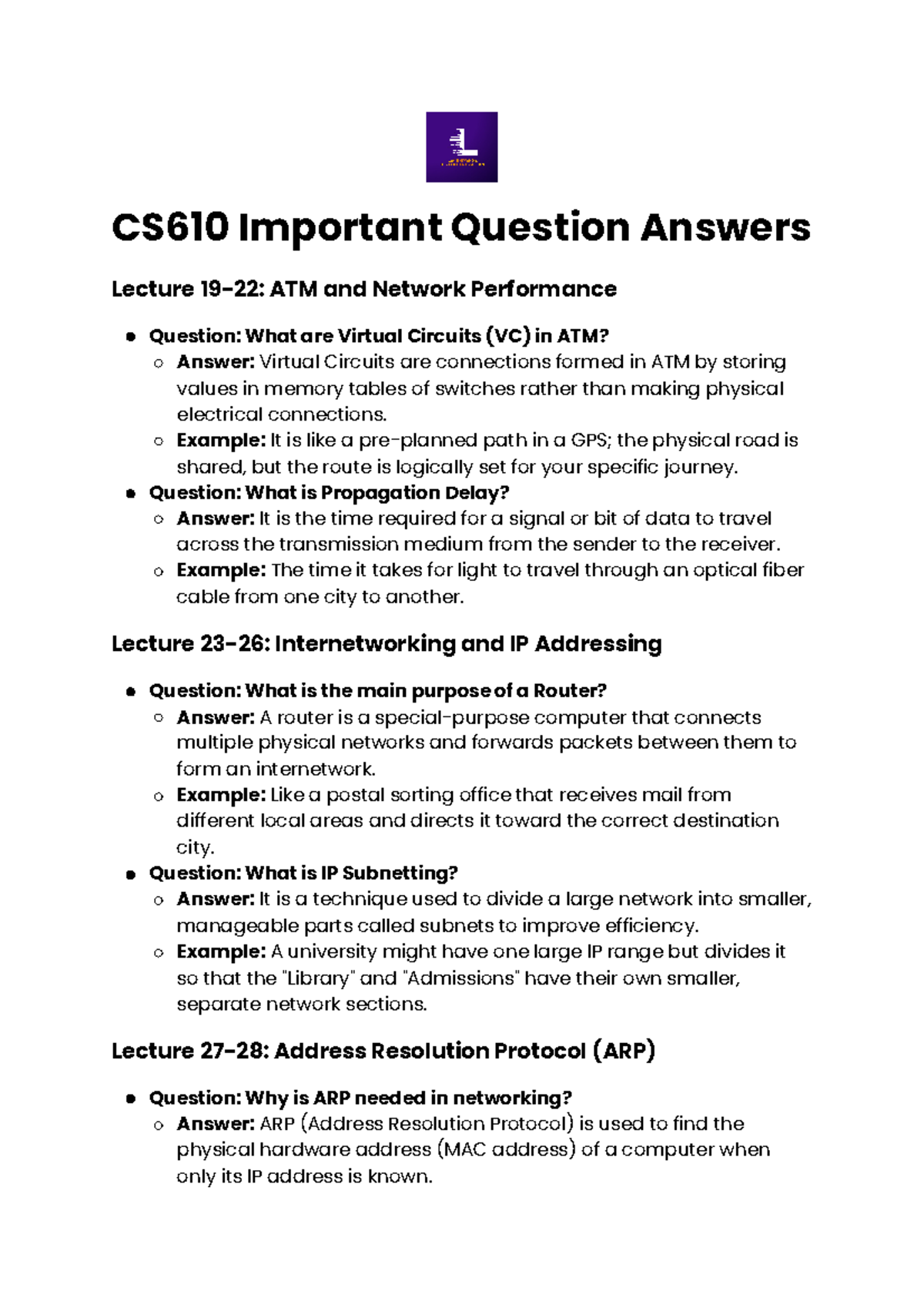 CS610 Lecture Notes: Key Q&A on ATM & Network Performance - Studocu