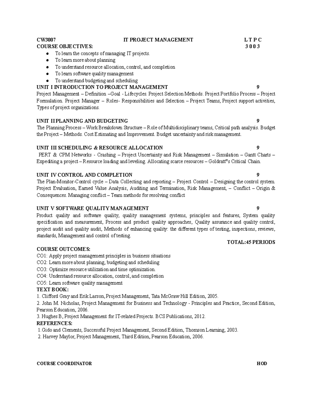 CW3007 IT Project Management Syllabus and Course Objectives - Studocu