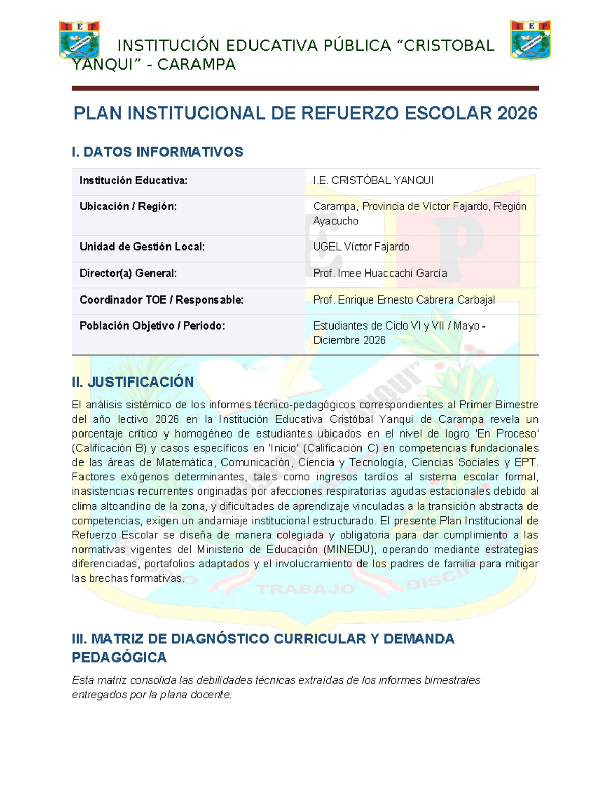 Plan Institucional de Refuerzo Escolar I.E. Cristóbal Yanqui 2026 - Studocu