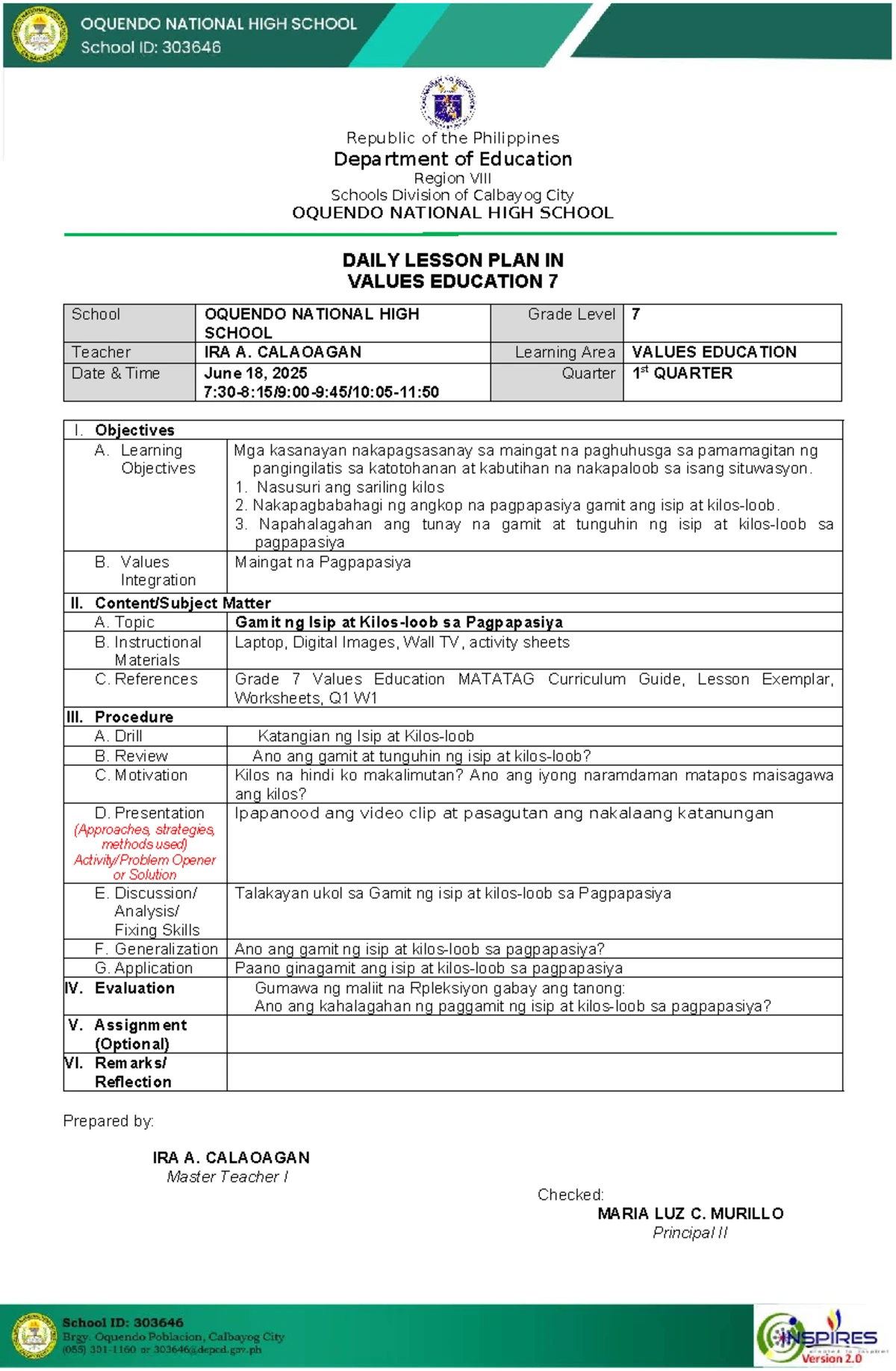 VE7 Q1: Daily Lesson Plan in Values Education 7 (June 19, 2025) - Studocu