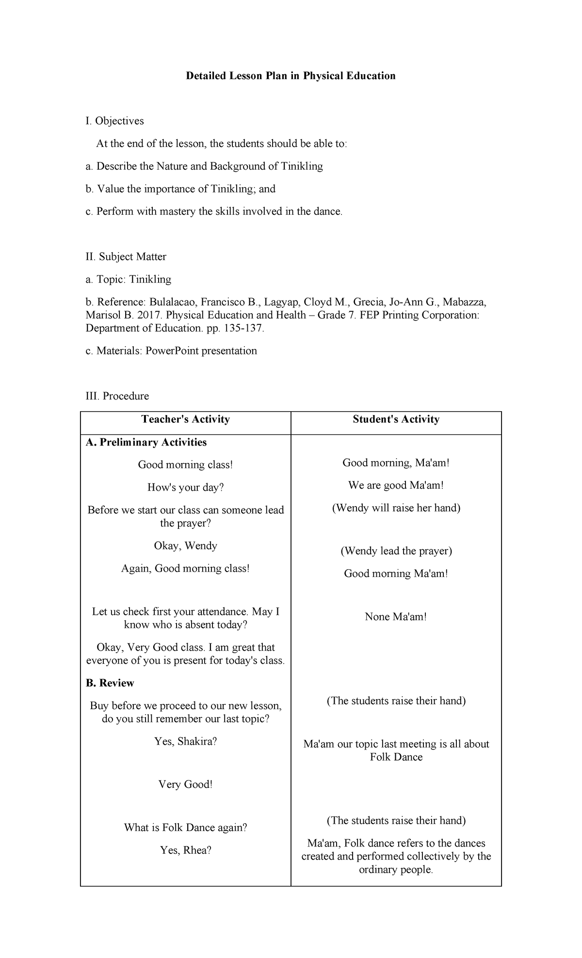 DLP in PE 7: Detailed Lesson Plan for Tinikling Dance - Studocu