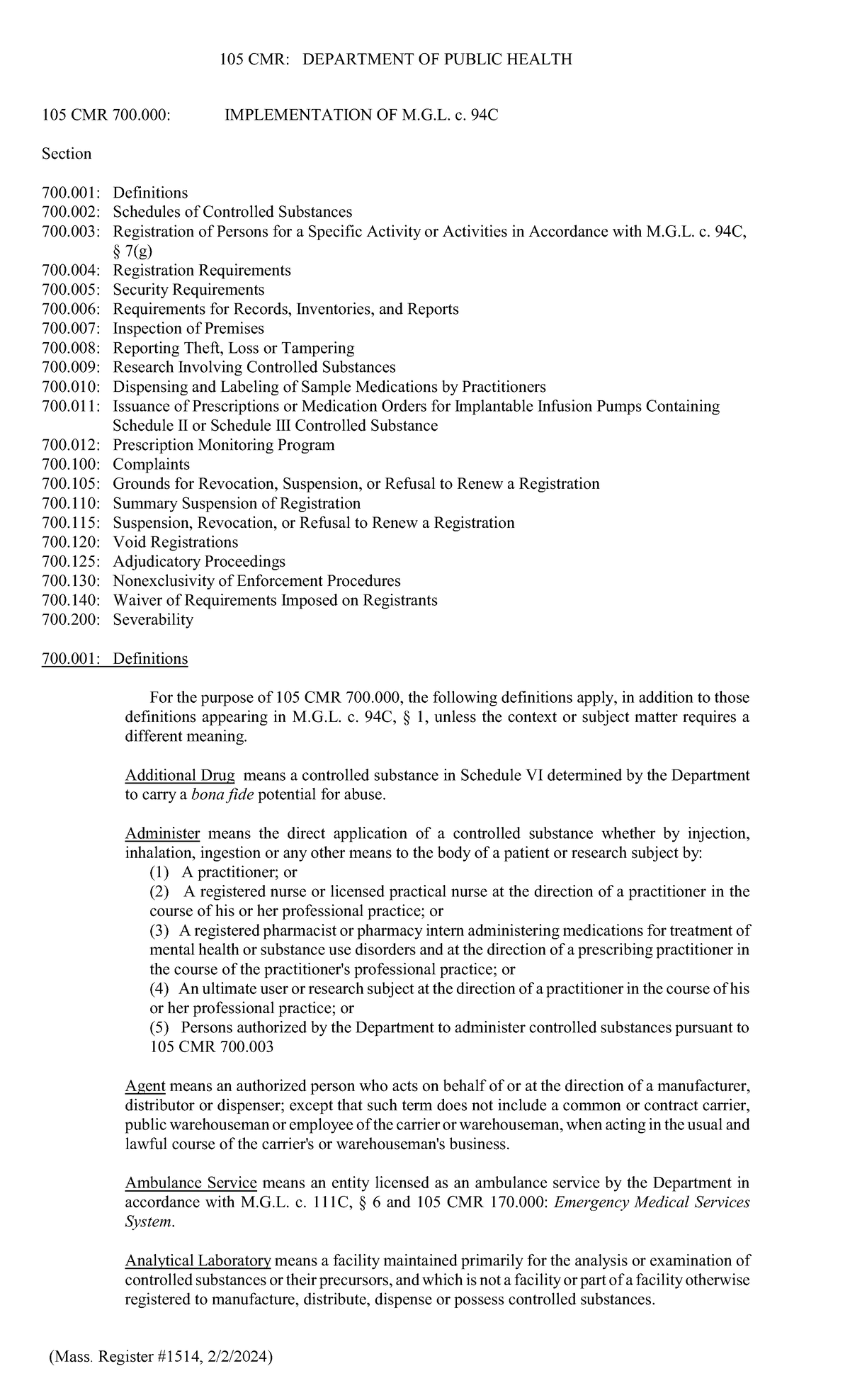 105 CMR 700: Regulatory Compliance Guidelines for Controlled Substances ...
