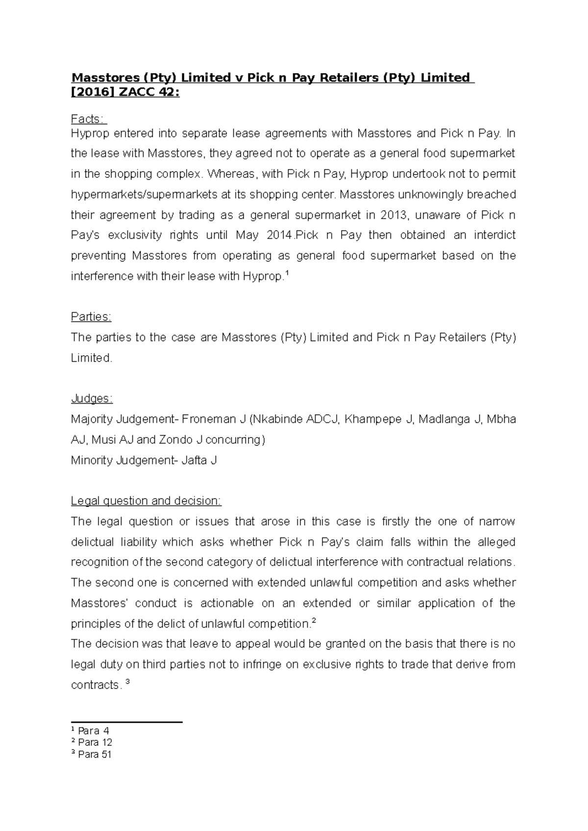 Masstores v Pick n Pay Case Study Note [2016] ZACC 42 Analysis - Studocu