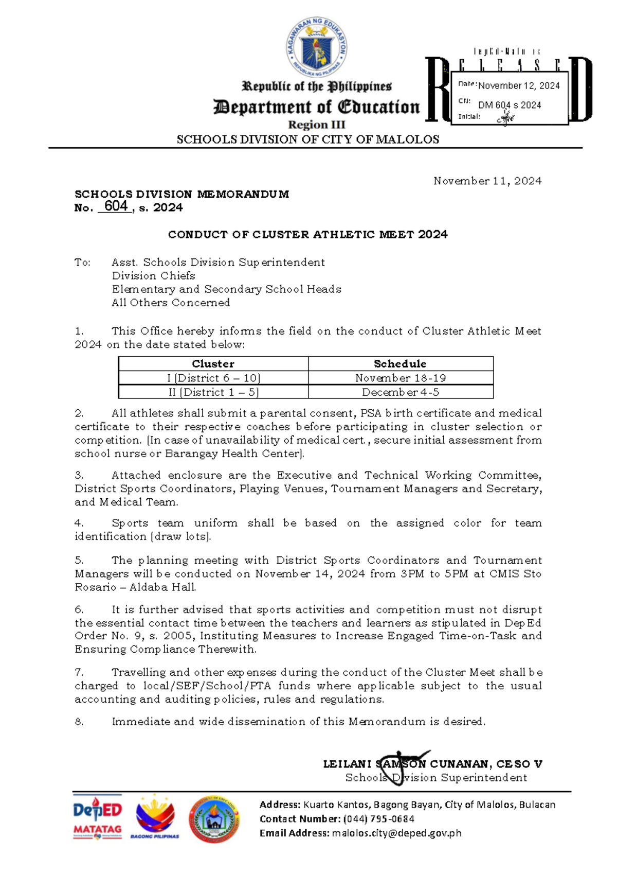 DM 604 s 2024 Schedule and Guidelines for Cluster Athletic Meet 2024 ...