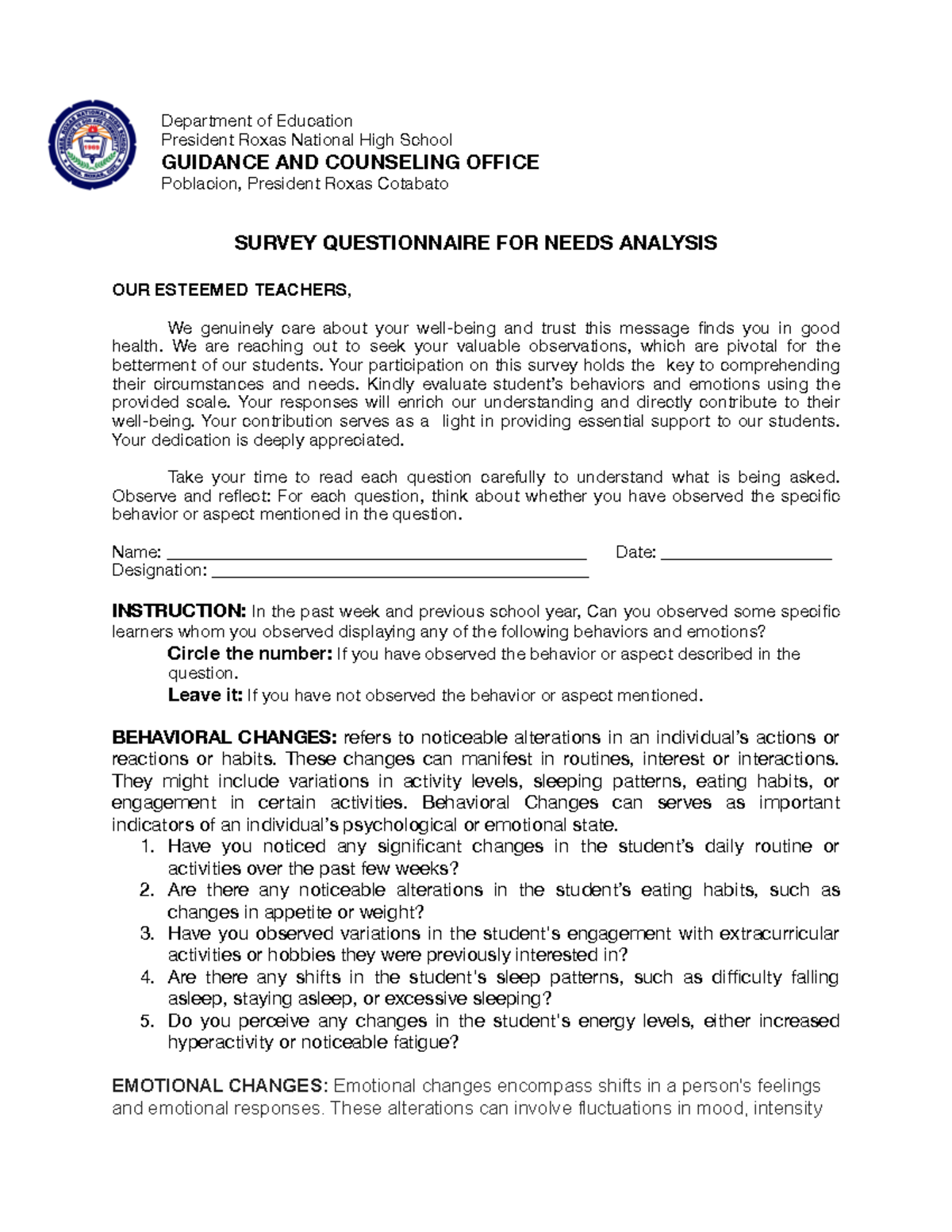 Survey Questionnaire for Needs Assessment - DepEd Guidance 2023 - Studocu