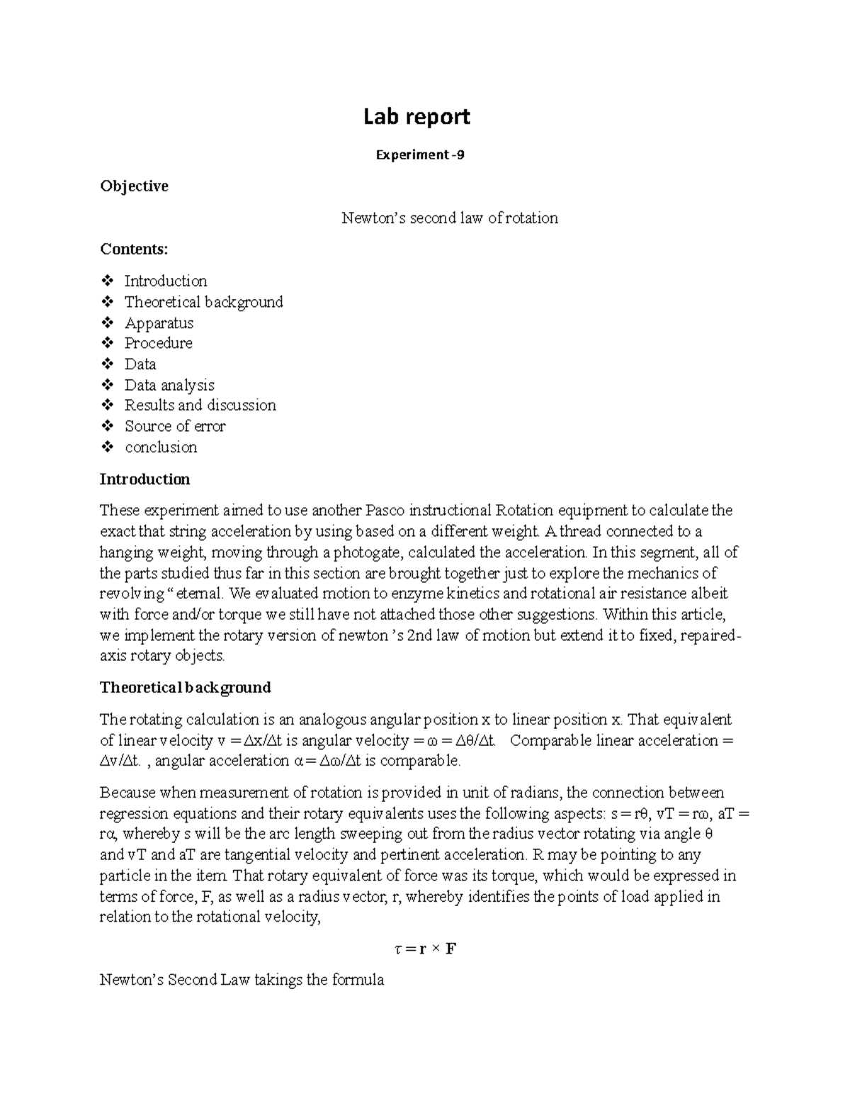 Experiment 9: Newton's Second Law of Rotation Lab Report - Studocu