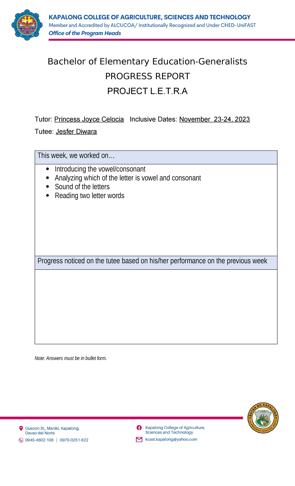 Progress Report on P.R.O.J.E.C.T LETRA for BEED Students - Studocu