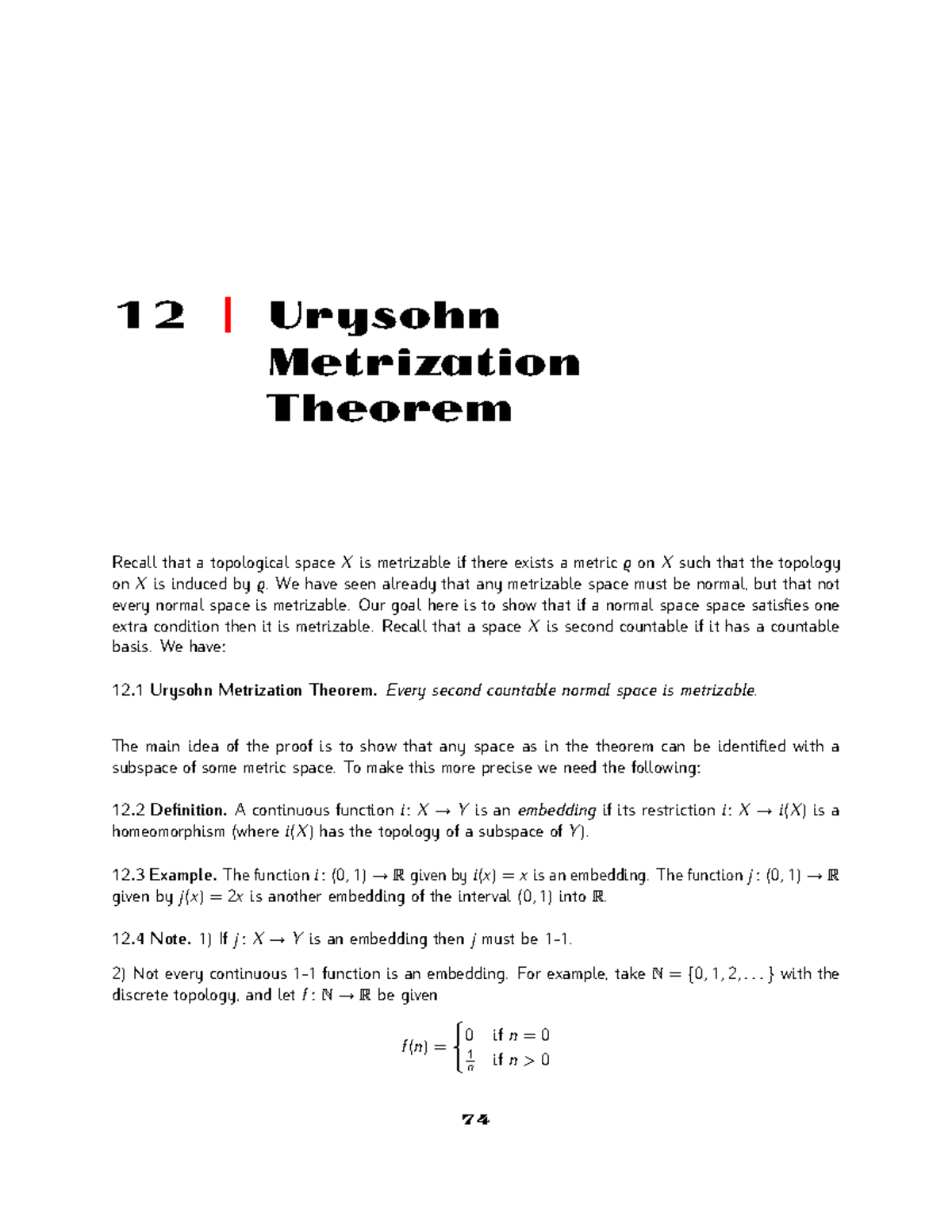 Lecture Notes: Urysohn Metrization Theorem - Lecture 12 - Studocu