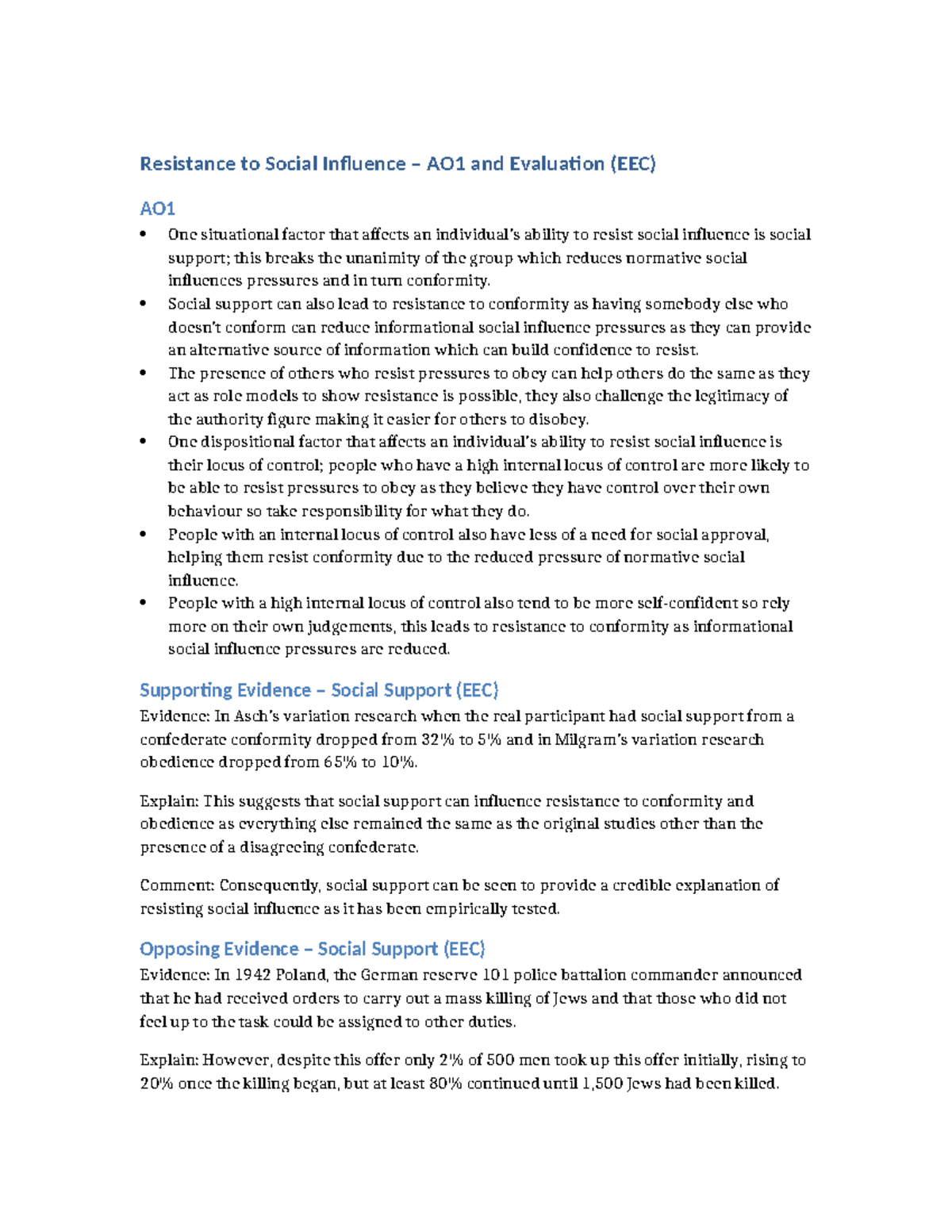 Resisting Social Influence: AO1 & AO3 Analysis (EEC) - Studocu