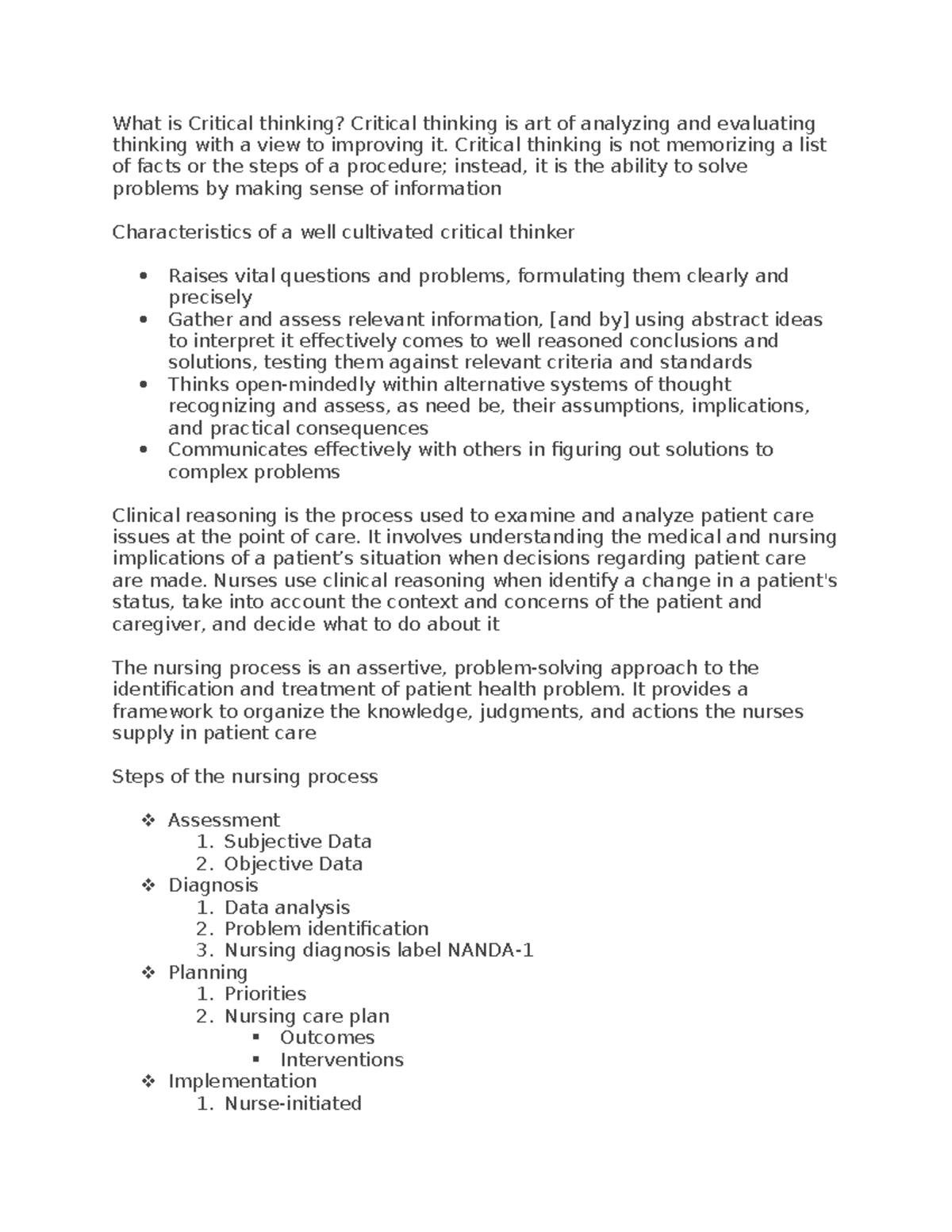 Critical Thinking & Clinical Reasoning in Nursing: Unit 1 Overview ...
