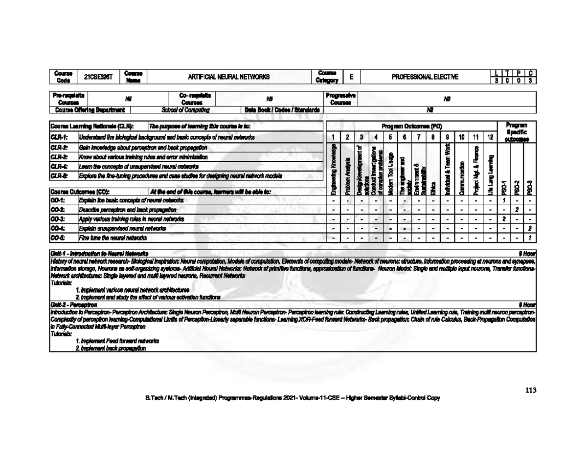 21CSE326T Artificial Neural Networks Syllabus Overview - Studocu