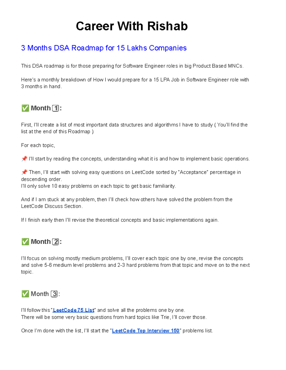 DSA Roadmap for 15 LPA Software Engineer Roles: 3-Month Plan - Studocu