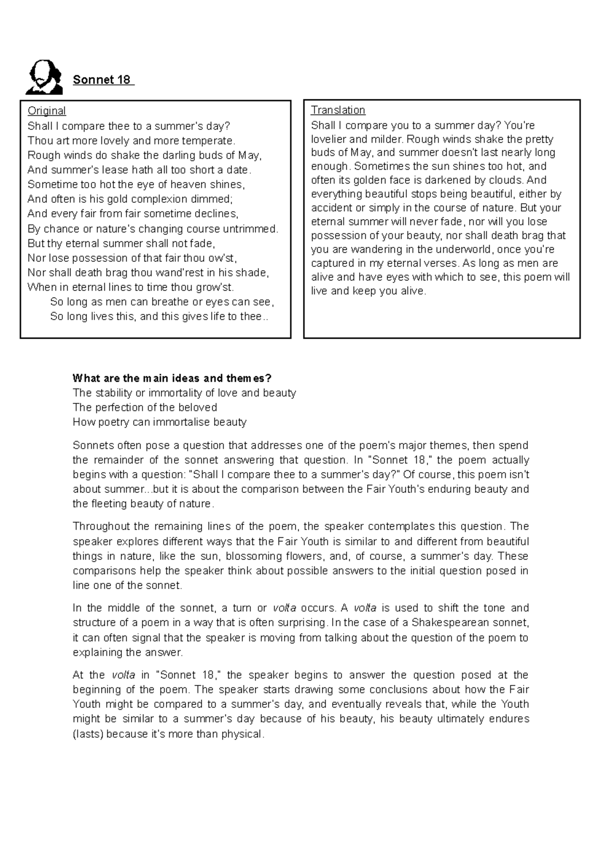 Poetry Study Notes: Themes and Analysis of Sonnets 18 & 116 - Studocu