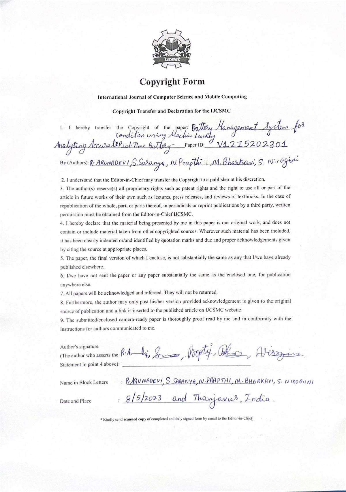 CSE Copyright Form for IJCSMC Paper Submission and Declaration - Studocu