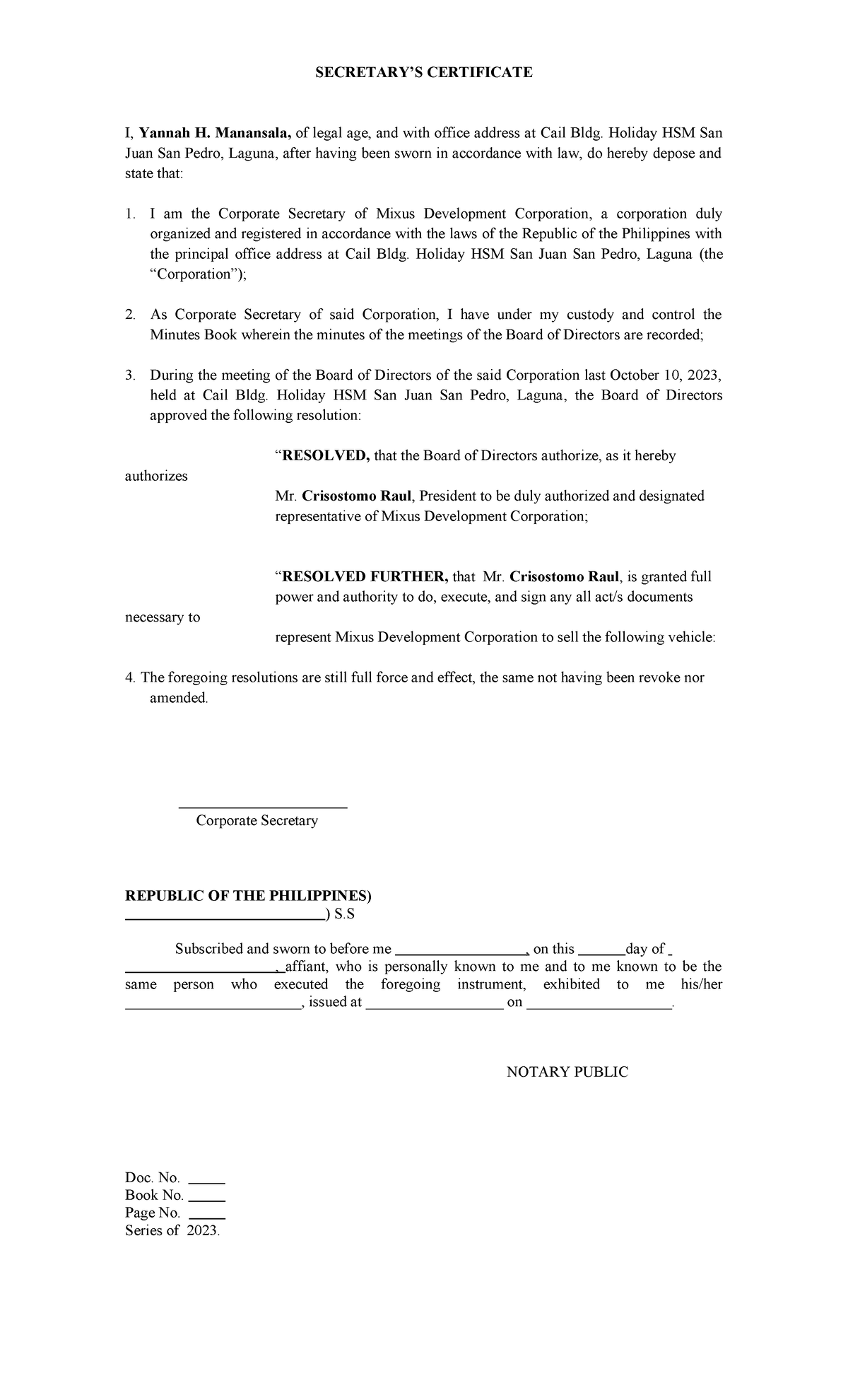 Secretary's Certificate - Authorization of Representative for Mixus ...