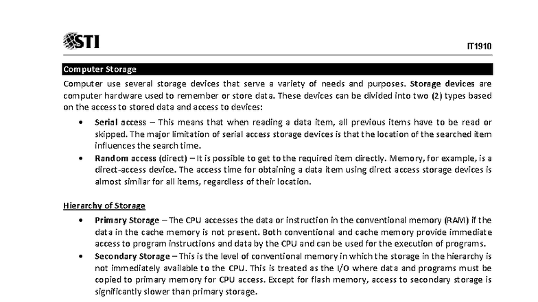 IT1910 Lecture Notes on Computer Storage Devices and Access Methods ...