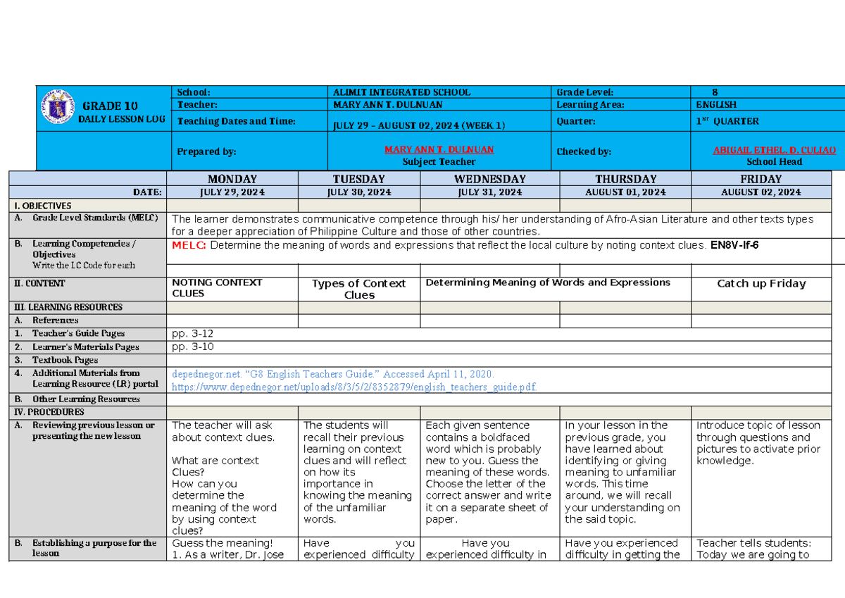English 8 Q1 w1 - GRADE 10 DAILY LESSON LOG School: ALIMIT INTEGRATED ...