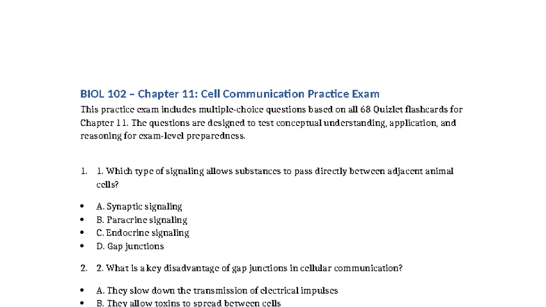 BIOL 102 Chapter 11: Cell Communication Practice Exam Review - Studocu