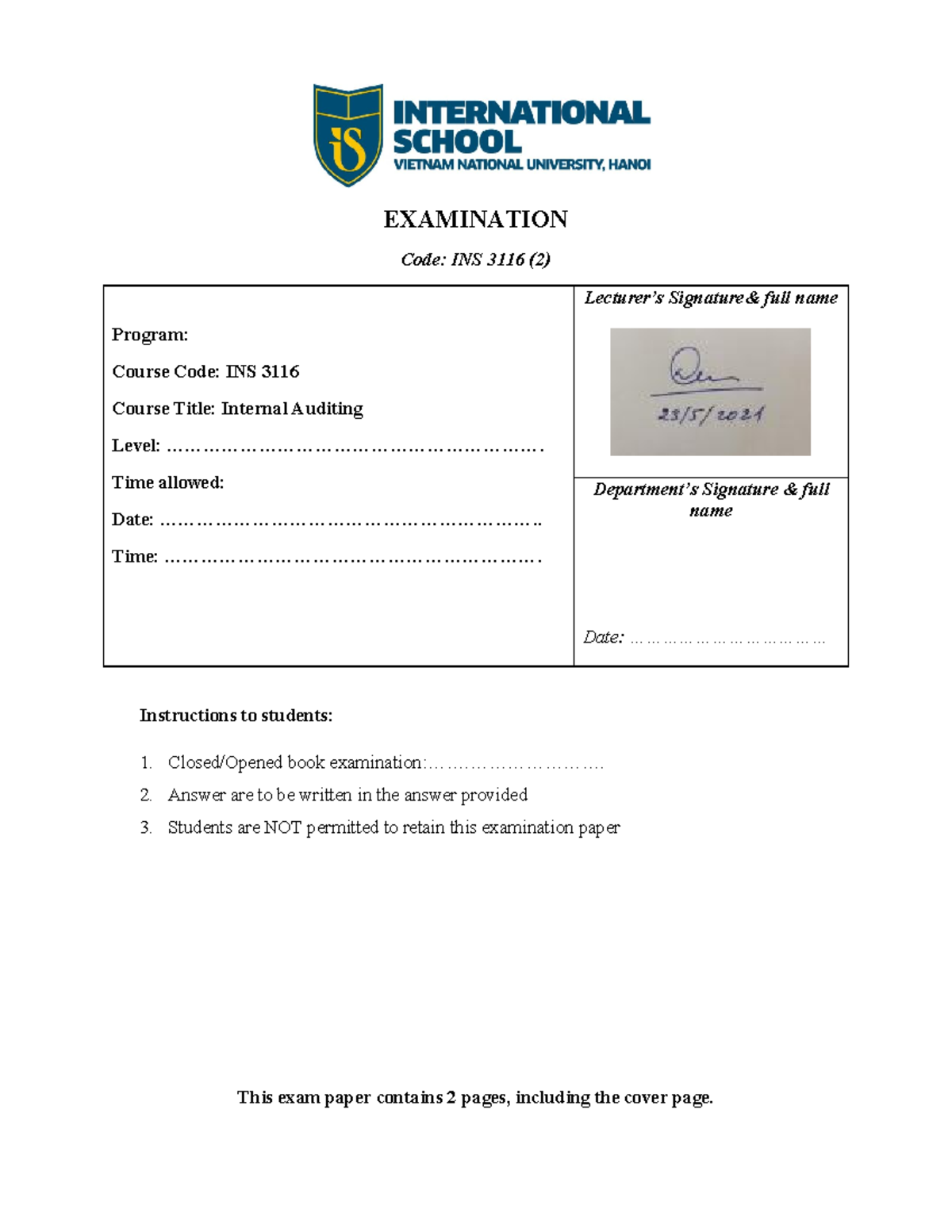 INS3116(2) Internal Auditing PDH 2021 - EXAMINATION Code: INS 3116 (2 ...