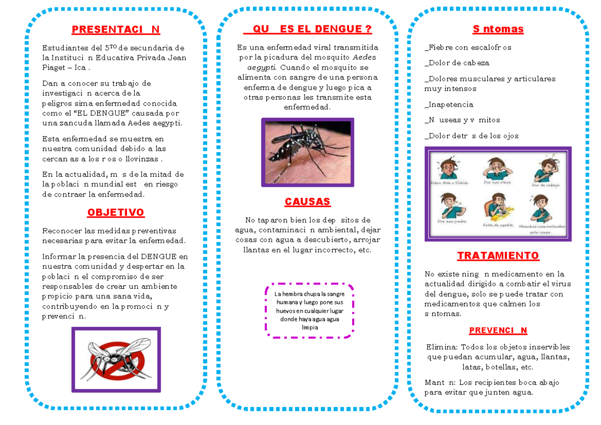 Tríptico sobre el Dengue: Prevención y Síntomas - 5TO Secundaria - Studocu
