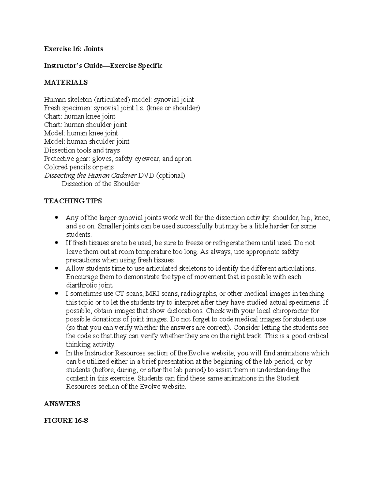 Exercise 16 joints - practice material including answer keys and ...