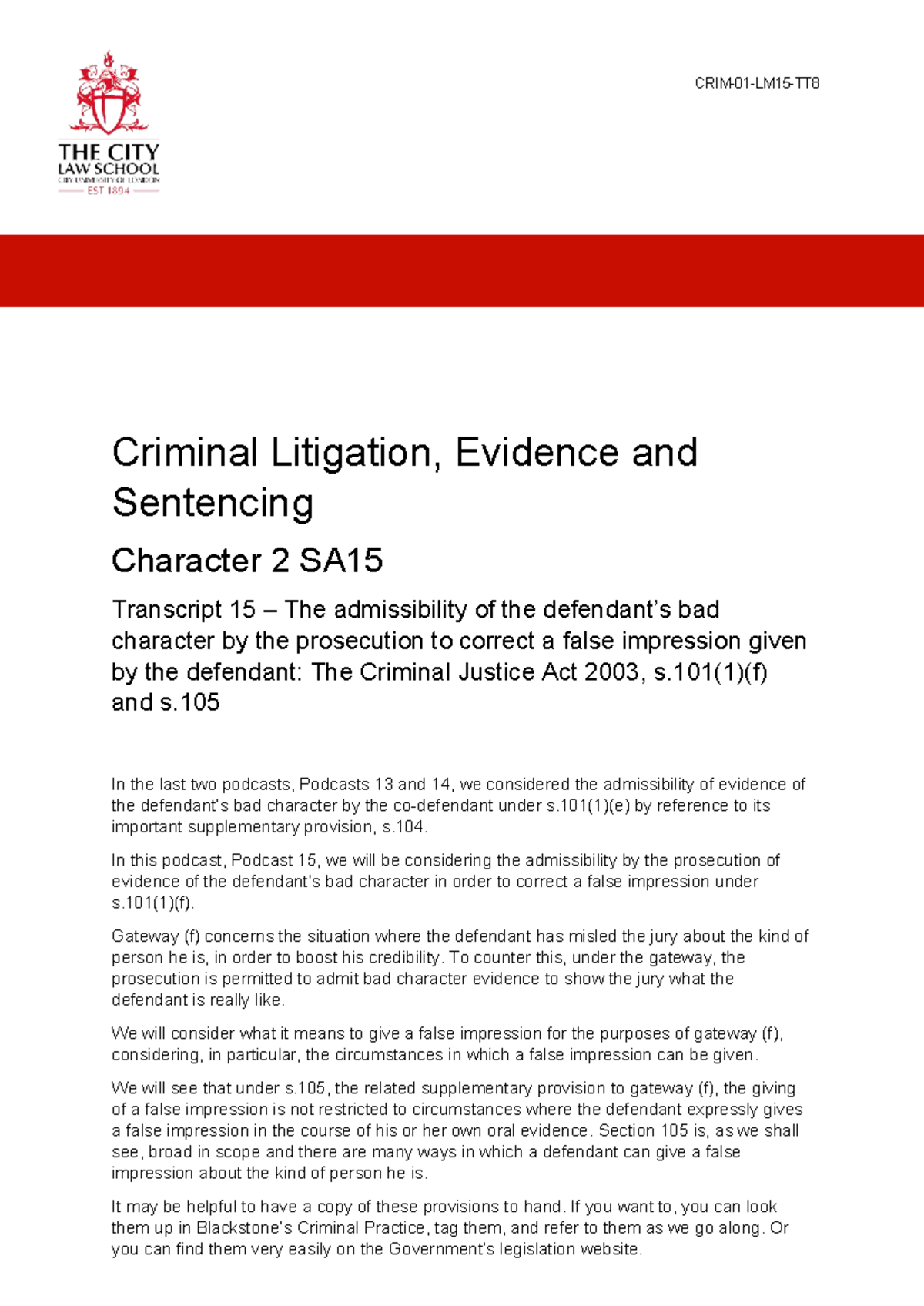 CRIM 01 LM15 TT8 - Admissibility of Bad Character Evidence in Criminal ...