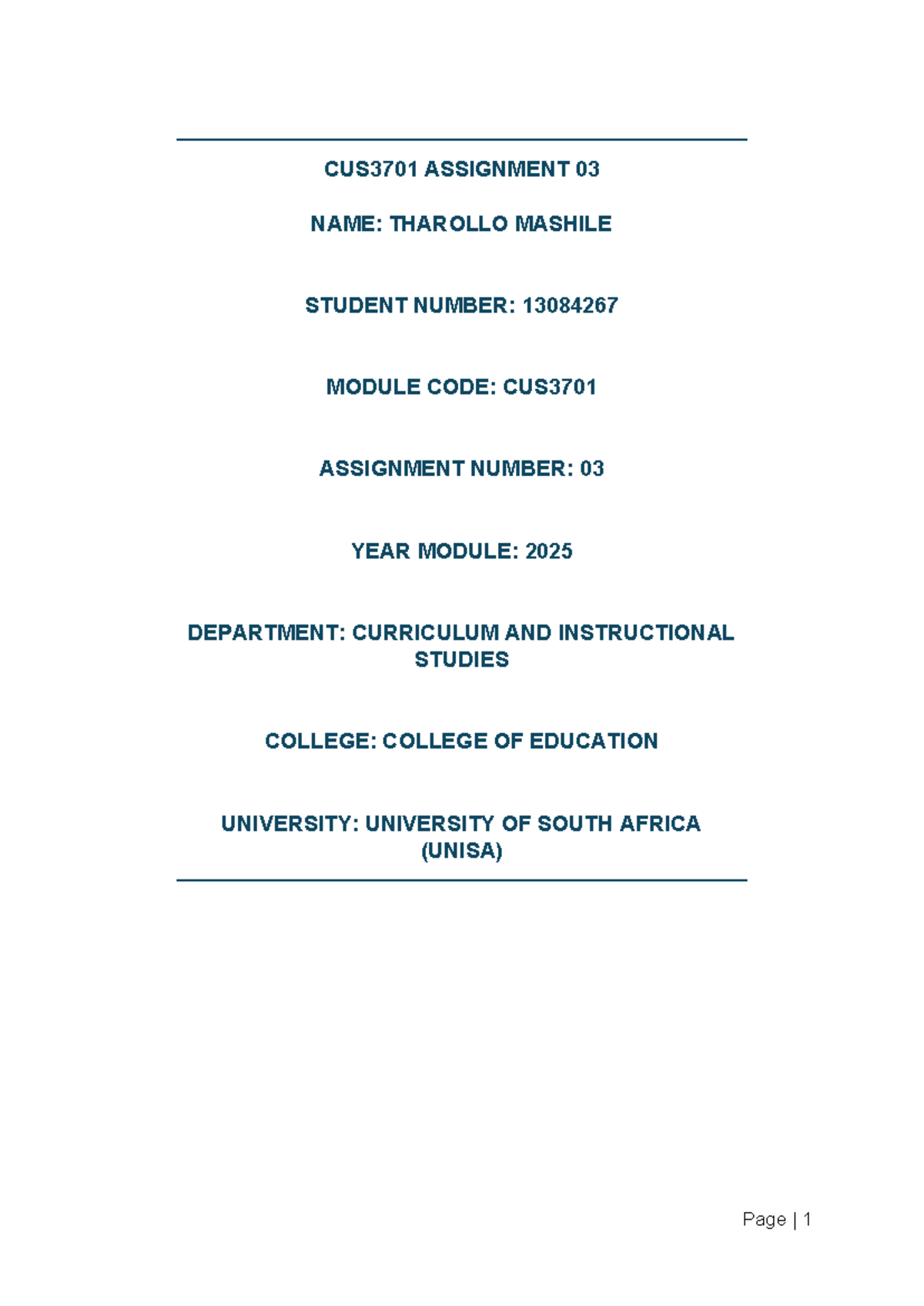 CUS3701 Assignment 03: Strategies for Curriculum Implementation and ...