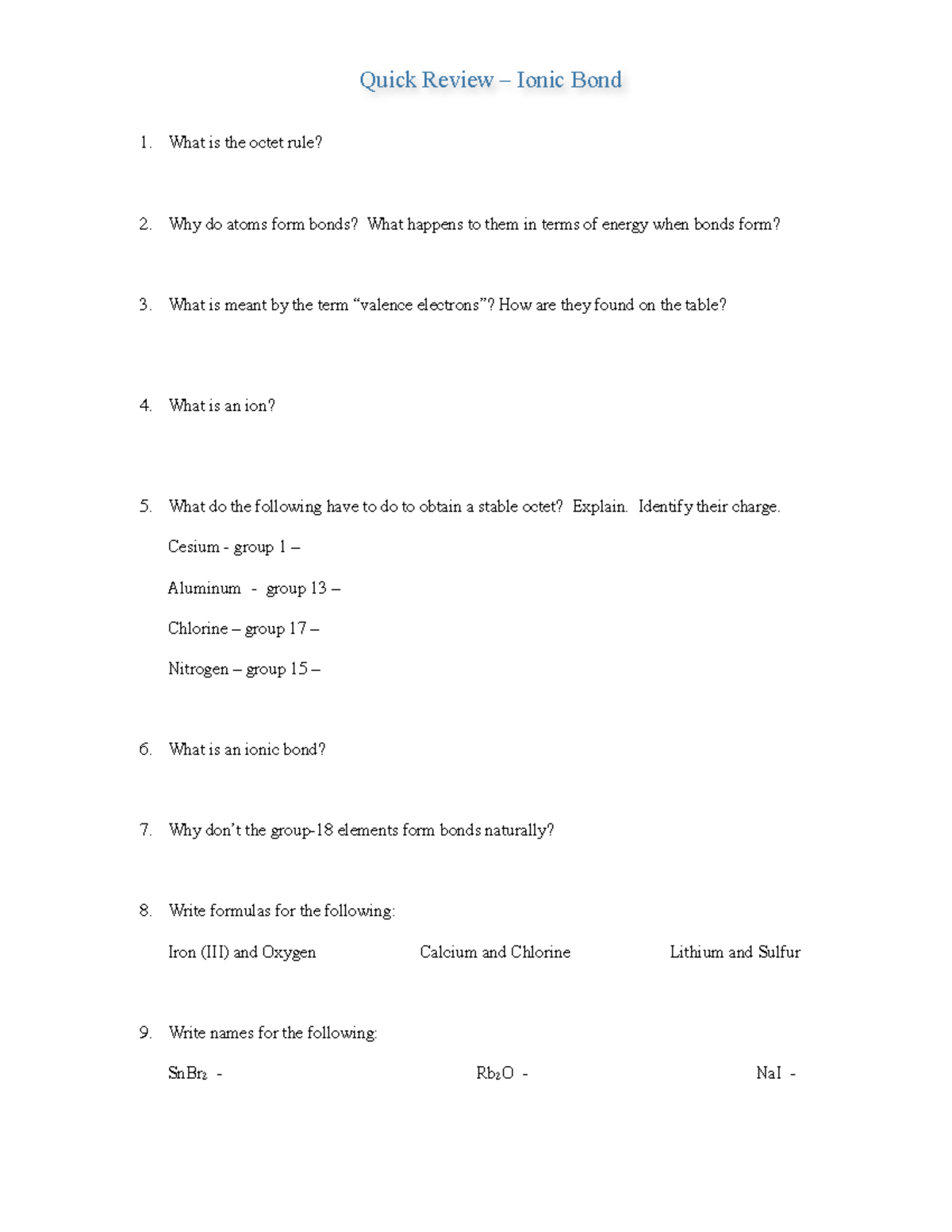 Quick Review: Ionic Bond Concepts and Practice Questions (CHEM-20 ...