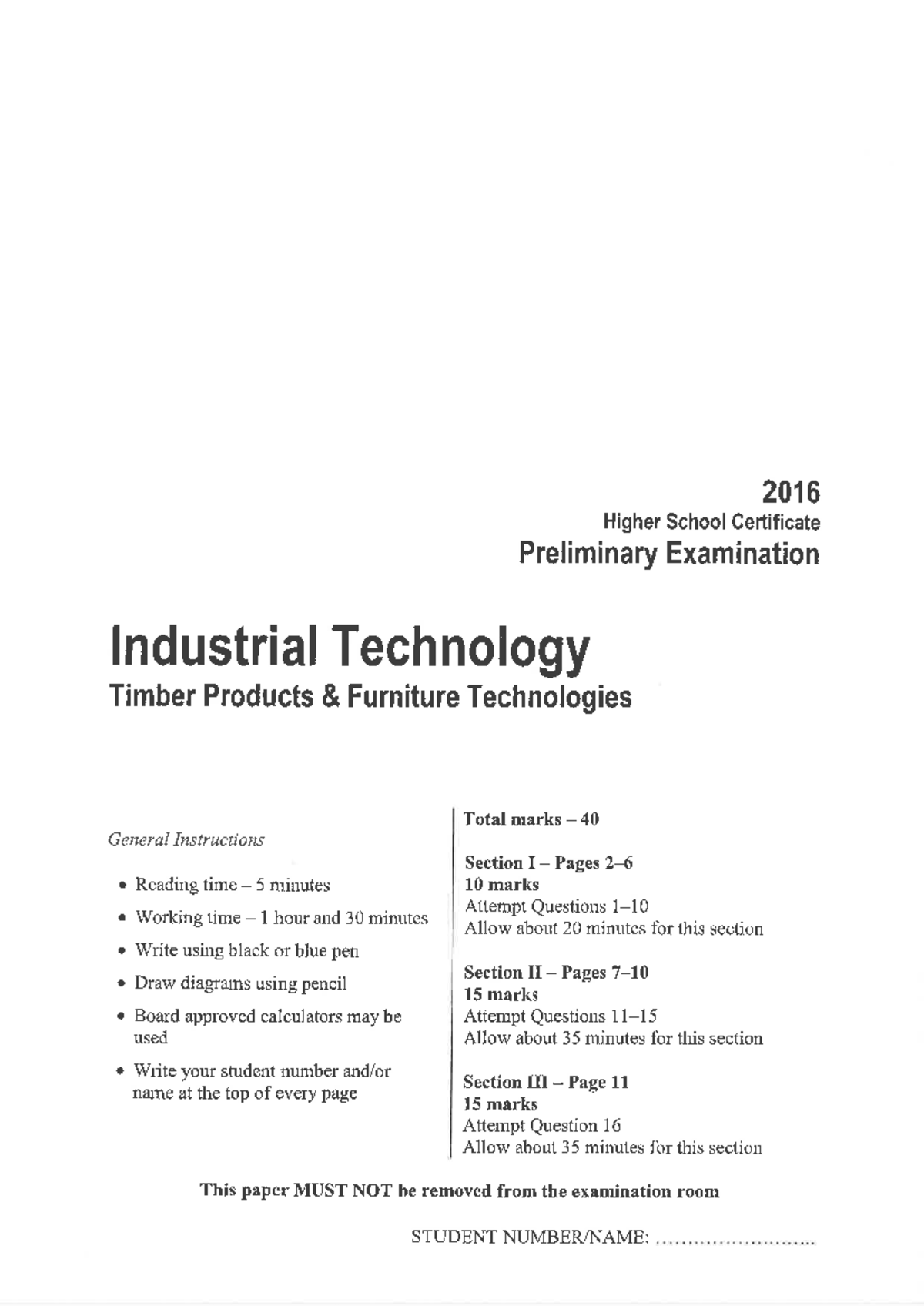 2016 HSC Preliminary Exam: Industrial Technology Timber Products - Studocu