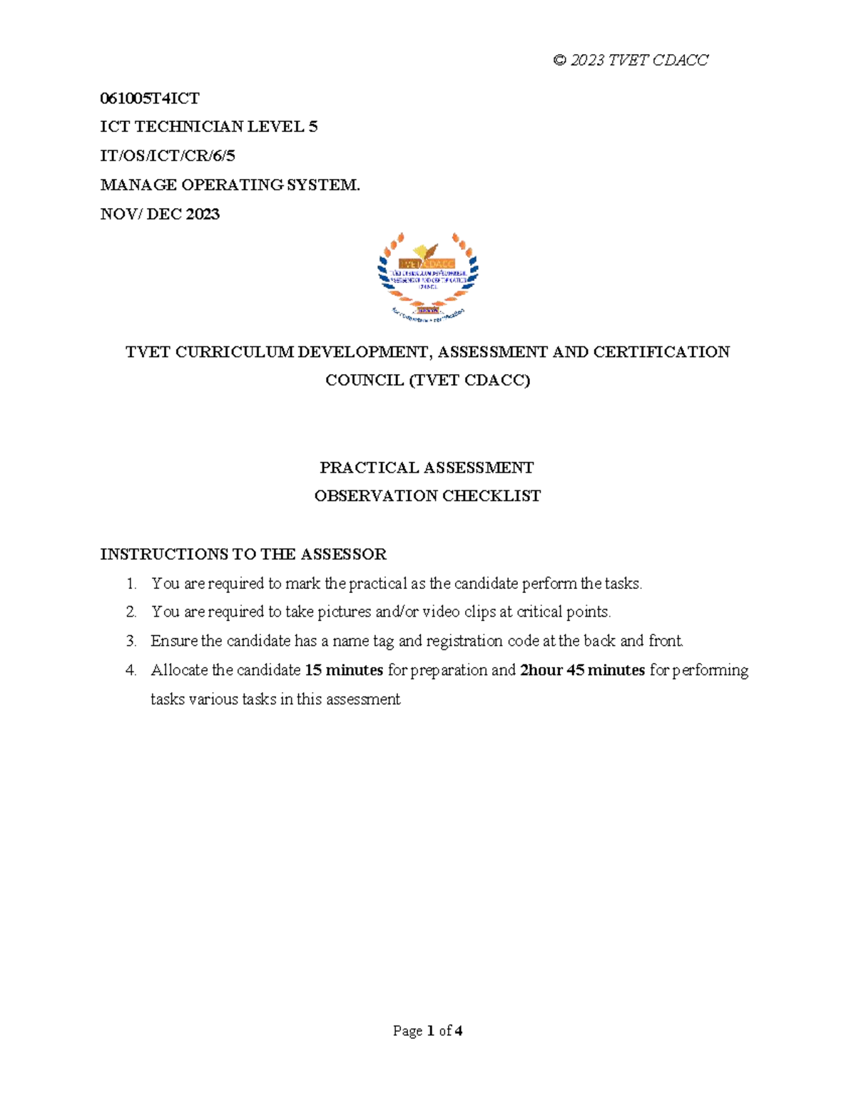 2023 TVET CDACC 061005T4ICT Level 5 OS Management Practical Checklist ...