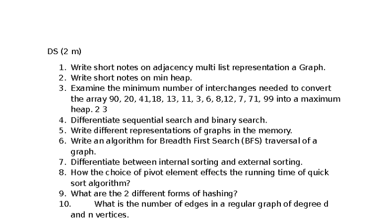 DS PYQs: Graphs, Heaps, Searching, and Sorting Algorithms - Studocu