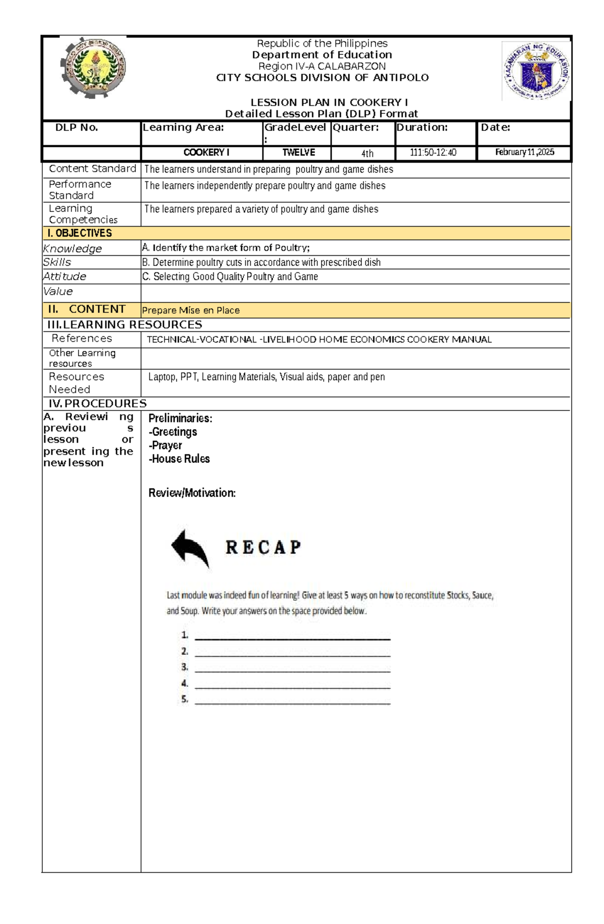 DLP No. 2025: Lesson Plan in Cookery I for Grade 12 - Studocu