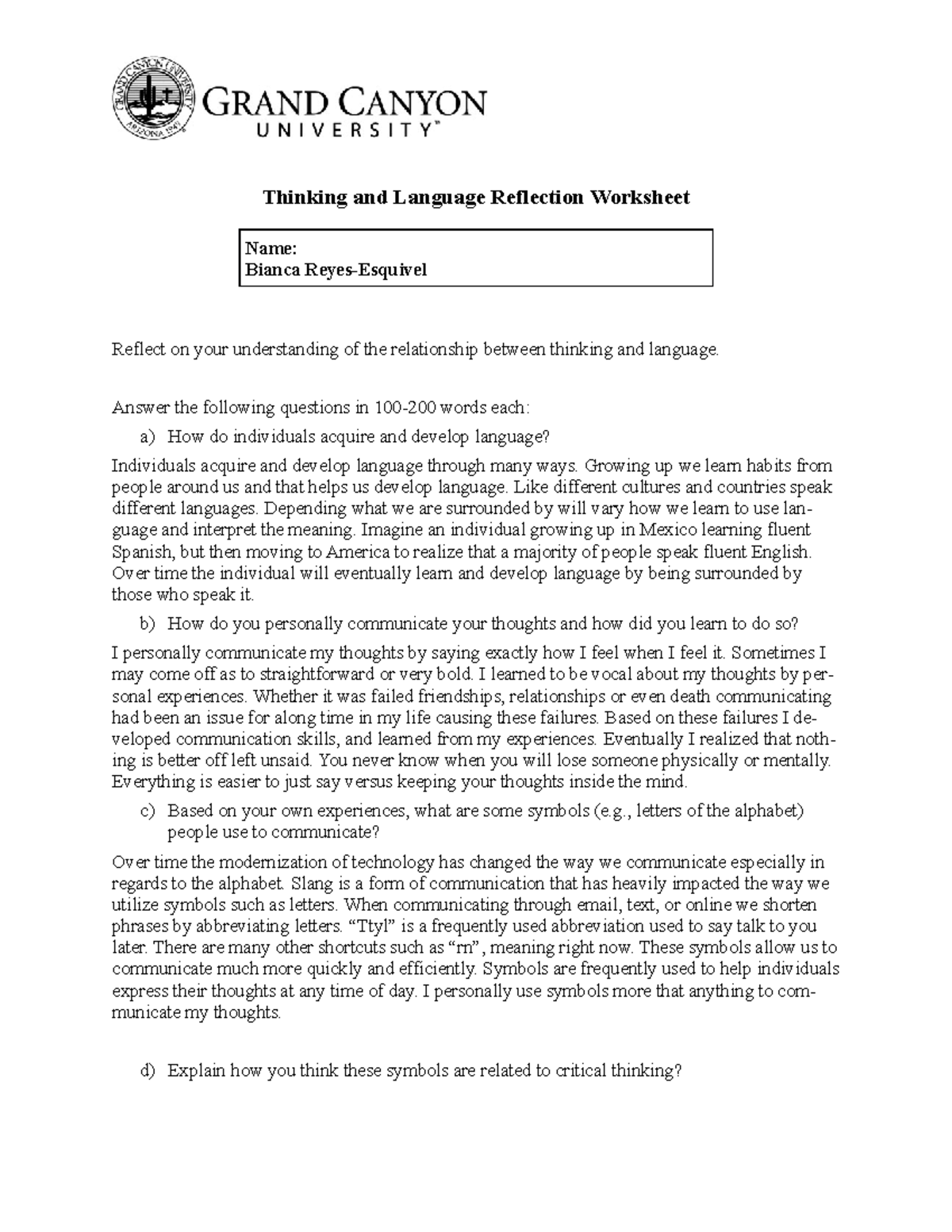 PHI105 - PHI - Thinking and Language Reflection Worksheet Name: Bianca ...
