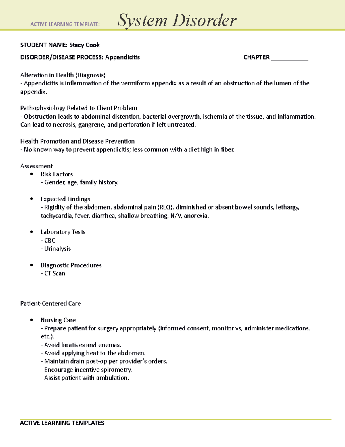 System Disorder (Appendicitis ) - STUDENT NAME: Stacy Cook DISORDER ...