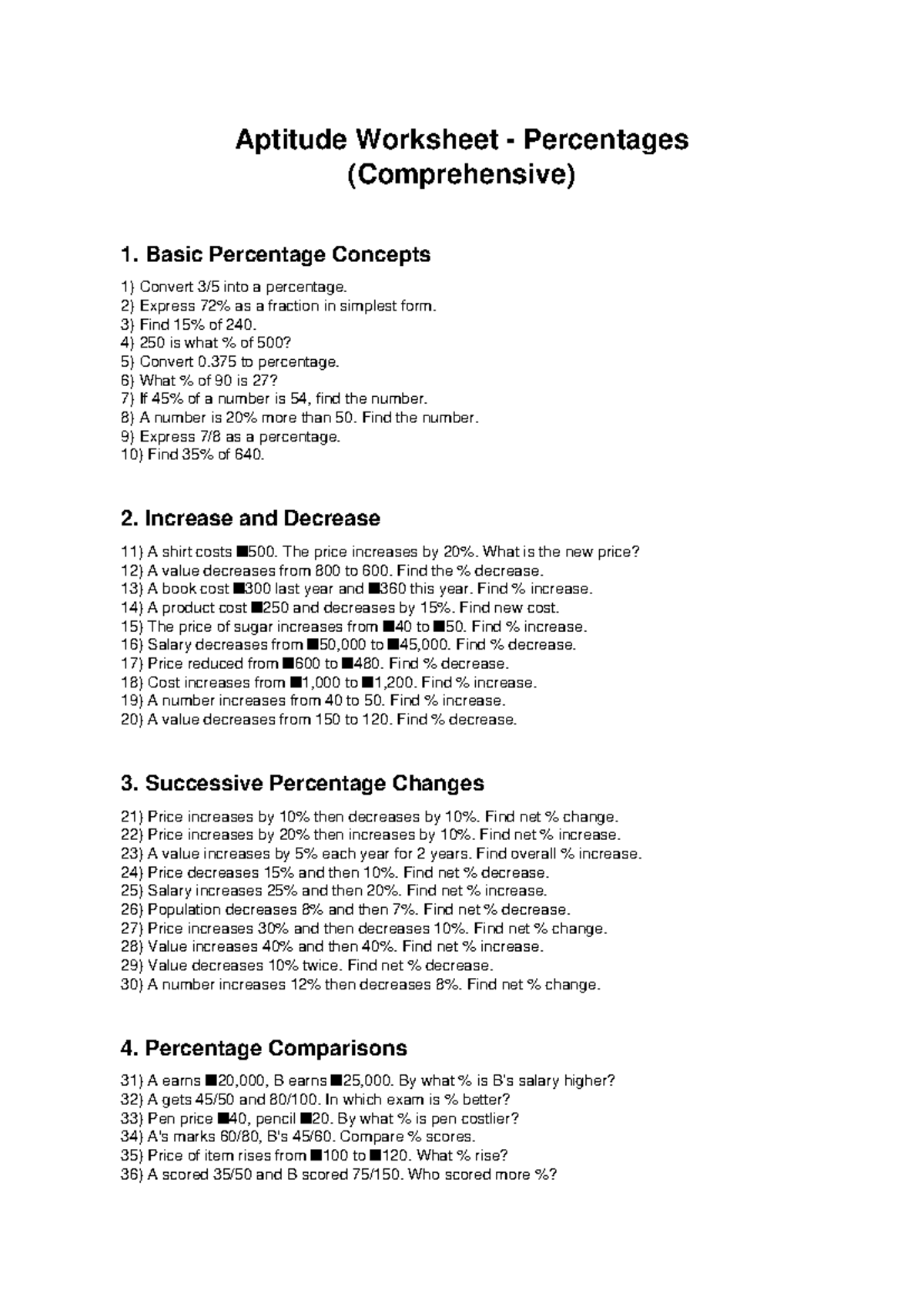 Percentage Aptitude Worksheet 60Q: Comprehensive Practice Guide - Studocu
